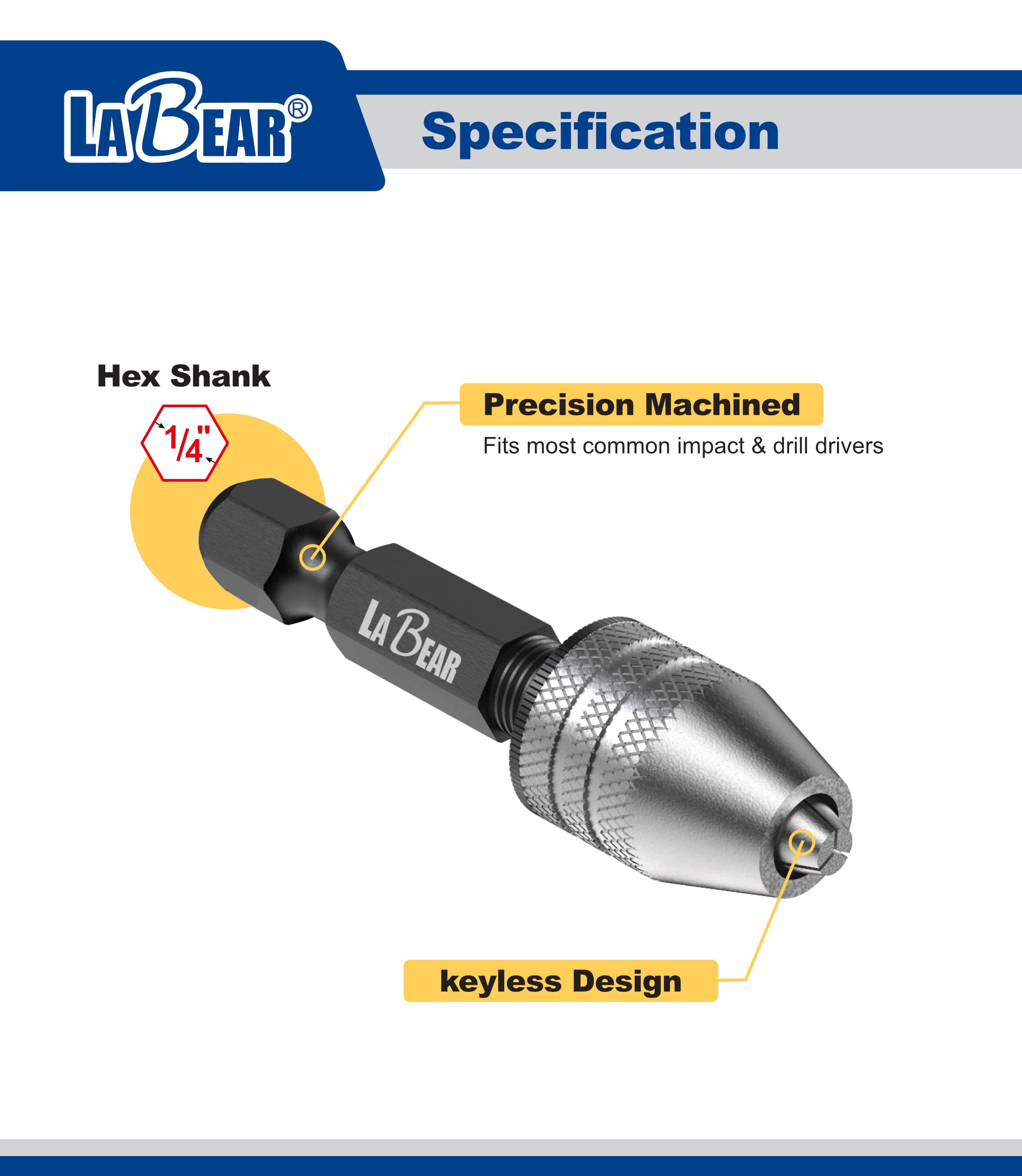 LABEAR - Drill Chuck Keyless Mini Adapter ¼ Inch Hex Shank | 0.3-3.2mm Capacity for Micro Drill Bits For Cordless Screwdrivers, Drills, and Power DIY Tools