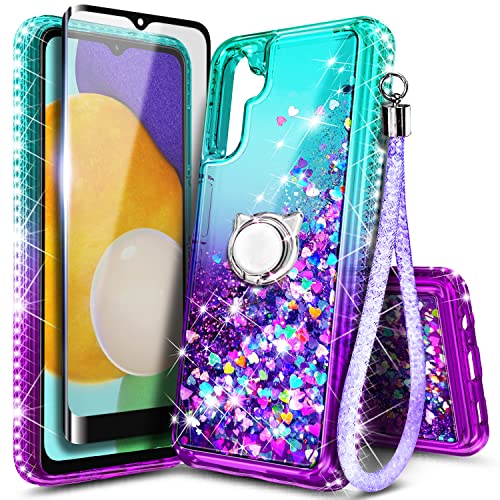 NZND Compatible with Samsung Galaxy A14 5G Case with Tempered Glass Screen Protector (Maximum Coverage), Ring Holder/Wrist Strap, Glitter Liquid Floating Waterfall Durable Cute Case (Aqua/Purple)
