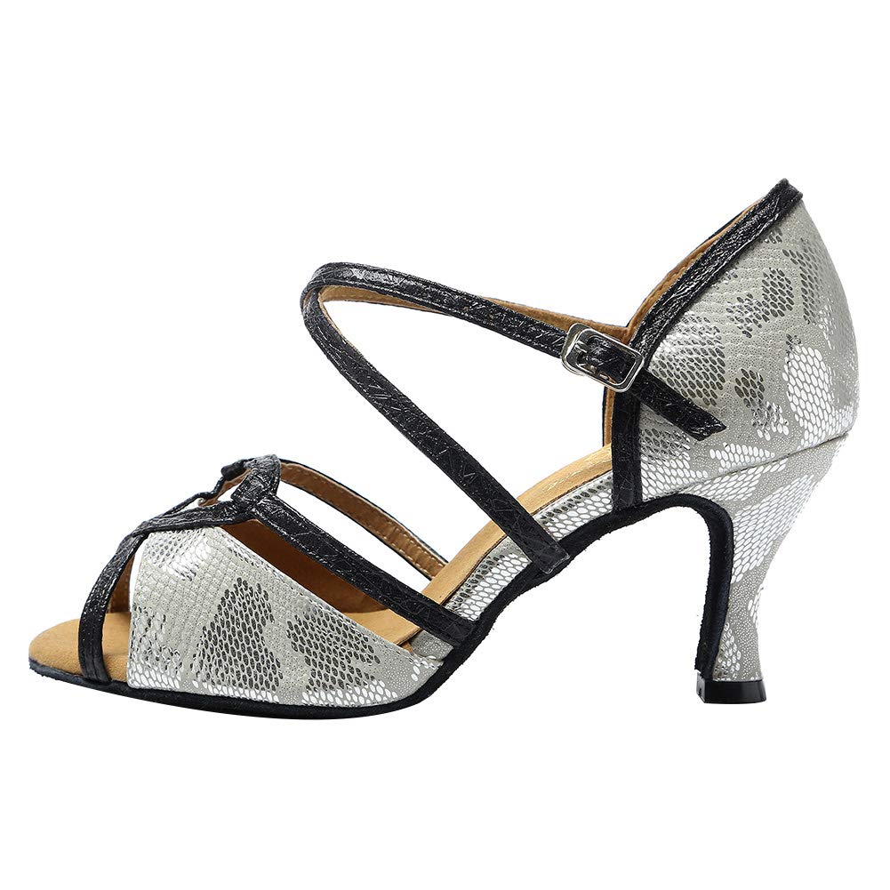 HROYL Latin Dance Shoes For Women Low Heel Ankle Strap Latin Salsa Bachata Shoes Performance Dance Shoes,YCL215-Silver grey-4.5,US5.5