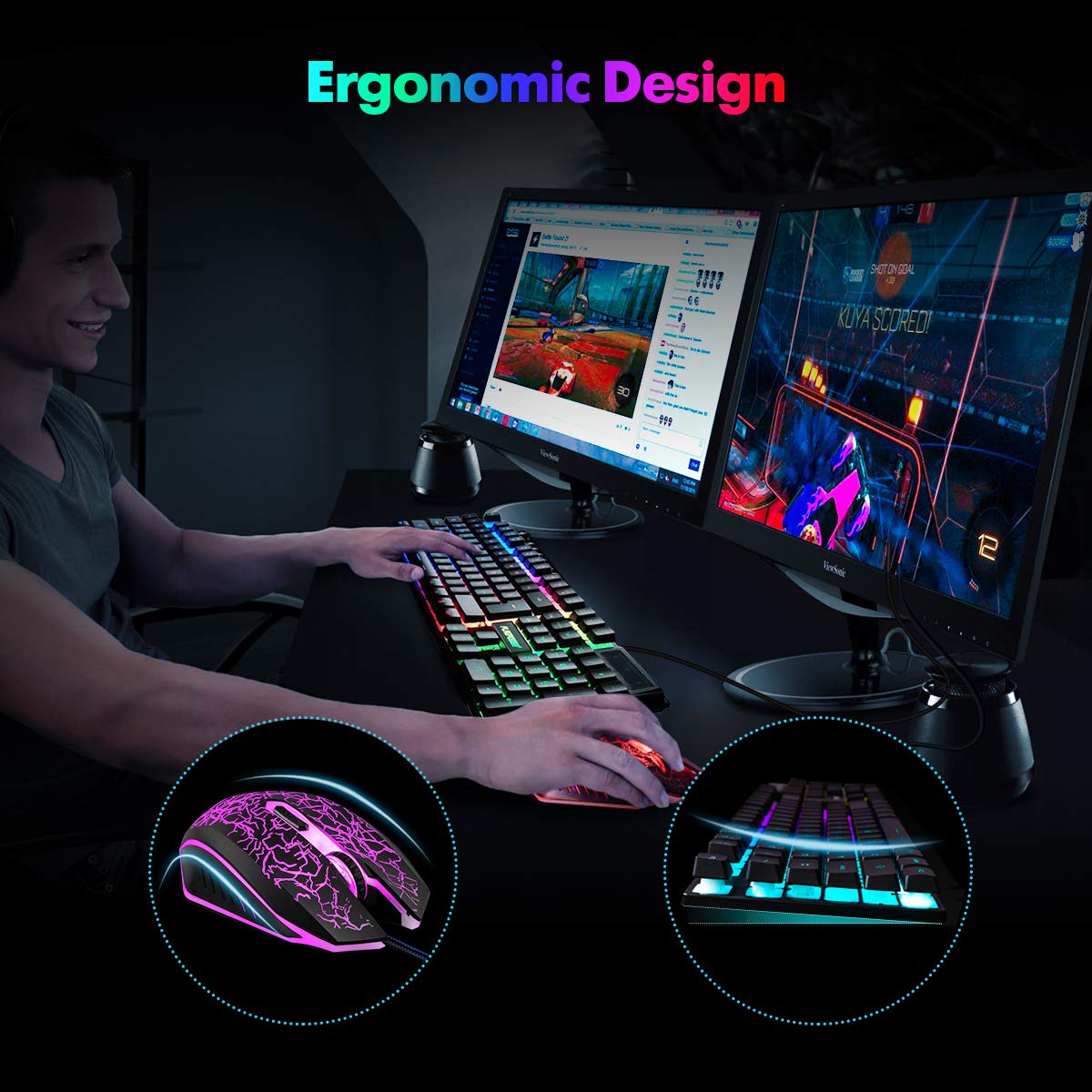 FLAGPOWER Gaming Keyboard and Mouse Combo, Rainbow Backlit Mechanical Feeling Keyboard with 4 Colors Breathing LED Backlight Mouse for PC Laptop Computer Game and Work