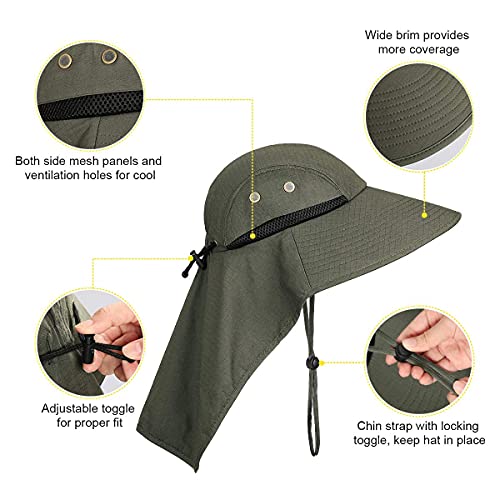 Outdoor Sun Hat for Men with UV Protection Safari Cap Wide Brim Fishing Hat with Neck Flap, for Dad (Army Green)