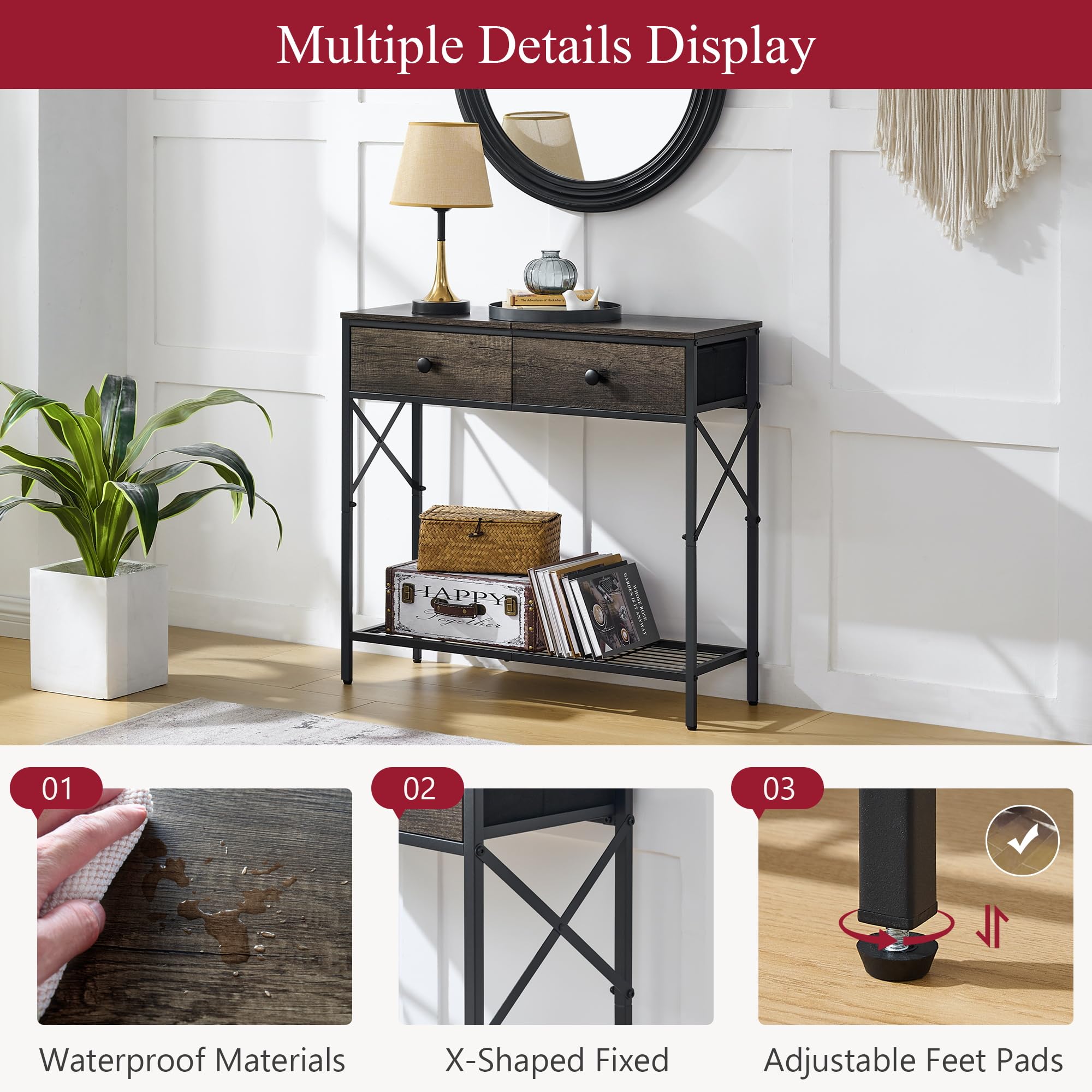 Tajsoon Console Table with 2 Fabric Drawers, 2-Tier Industrial Entryway Table with Storage Shelves, 31.5'' Narrow Sofa Table, Display Shelf for Entryway, Hallway, Living Room, Foyer, Greige
