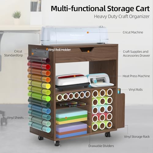Storage Cart Organizer Compatible with Cricut Machines,Rolling Craft Cart with Extra 12 Vinyl Roll Holders,Crafting Organizer Desk Cabinet Workstation for Craft Room Home