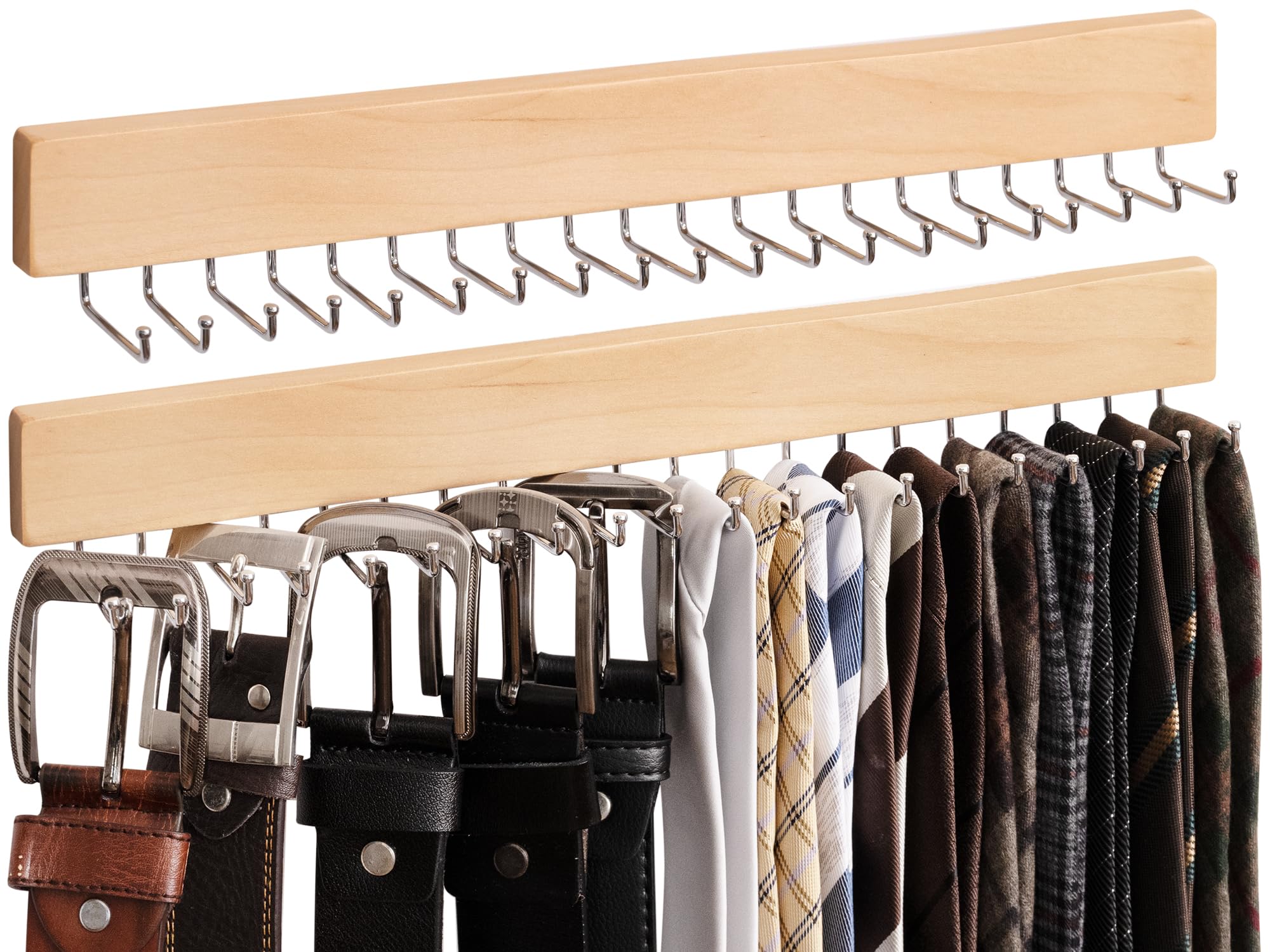 StorageWorks Tie Rack, Tie Holder Organizer with 20 Hooks, 2-Pack Necktie Organizers Hold Ties, Belts, Wall-Mounted Tie Holders for Closet, Wooden Belt and Tie Organizer for Men, Natural Wood Color