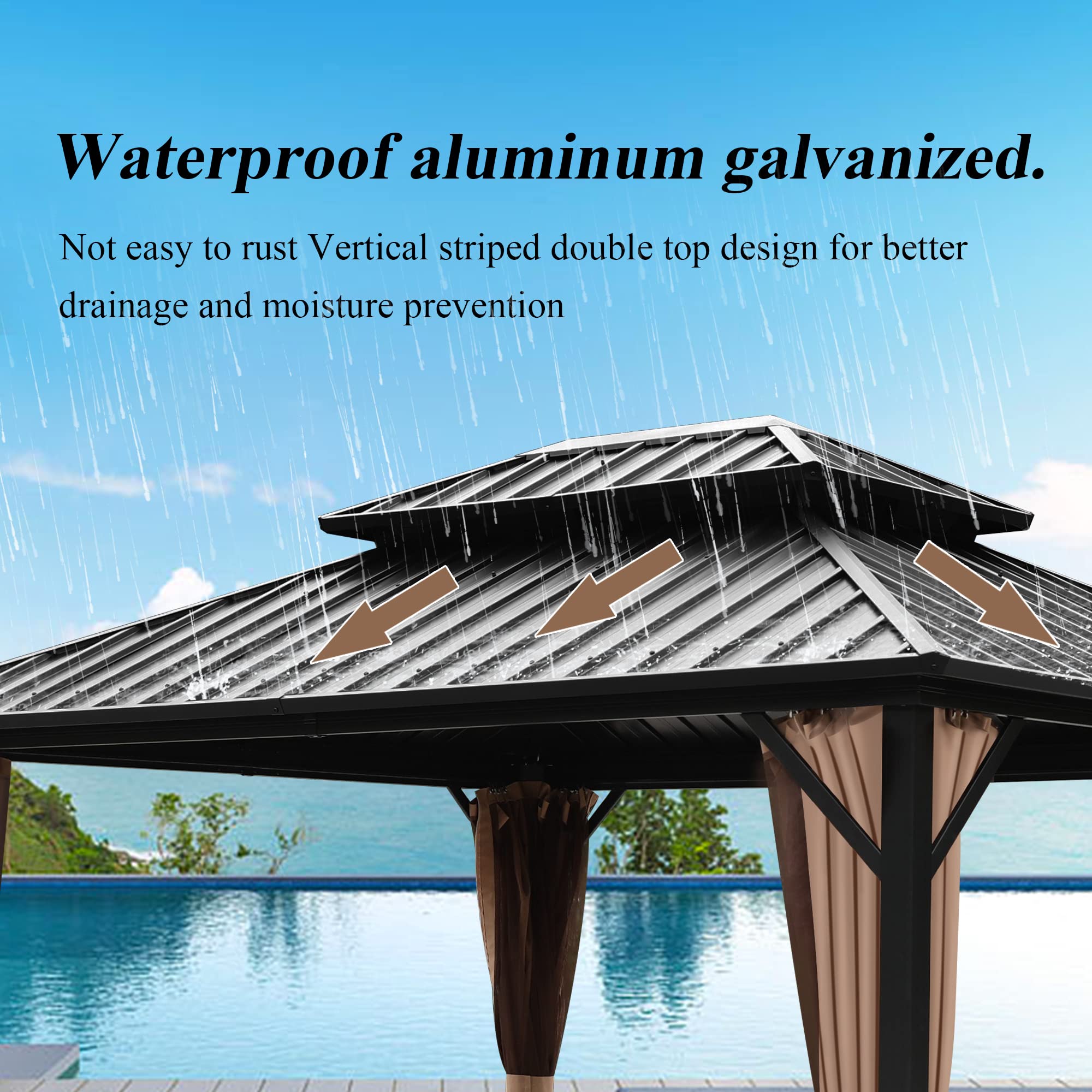 Funny Sunny 10x12ft Hardtop Gazebo, Heavy Duty Double Top Galvanized Iron Metal Pergola Roof, Aluminum Frame with Curtains & Netting, Outdoor Vertical Striped Panel Canopy for Patio Backyard Garden