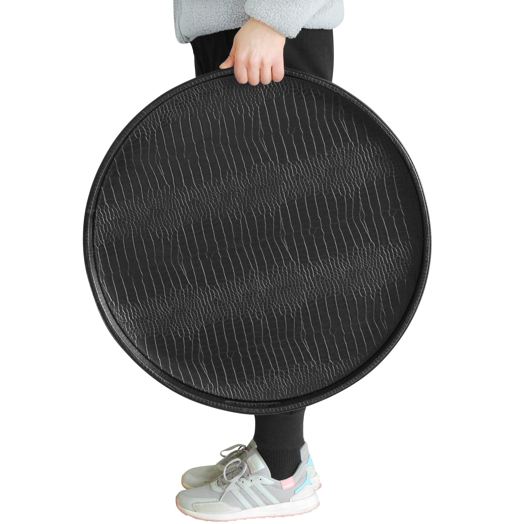 HofferRuffer Extra Large Round Serving Tray, Elegant Faux Leather Circle Ottoman Table Tray with Handles, Serve Tea, Coffee or Breakfast in Bed, Diameter 23.6 x 2.4 inches Height (Black)