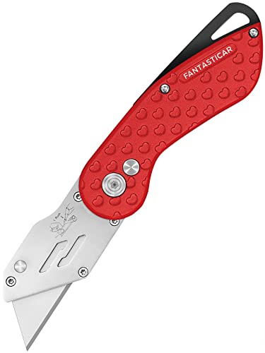FantastiCAR Folding Utility Knife Cute Box Cutter, Chic Hearts Pattern on Metal Body, with 5 Extra Blades (Red)