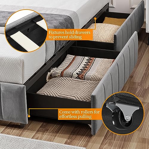 Yaheetech King Bed Frame Upholstered Platform Bed with 4 Storage Drawers, Large Storage Space/Strong Wooden Slats/Non-Slip and Noise-Free/No Fixed Headboard/No Box Spring Needed/Dark Gray King Bed