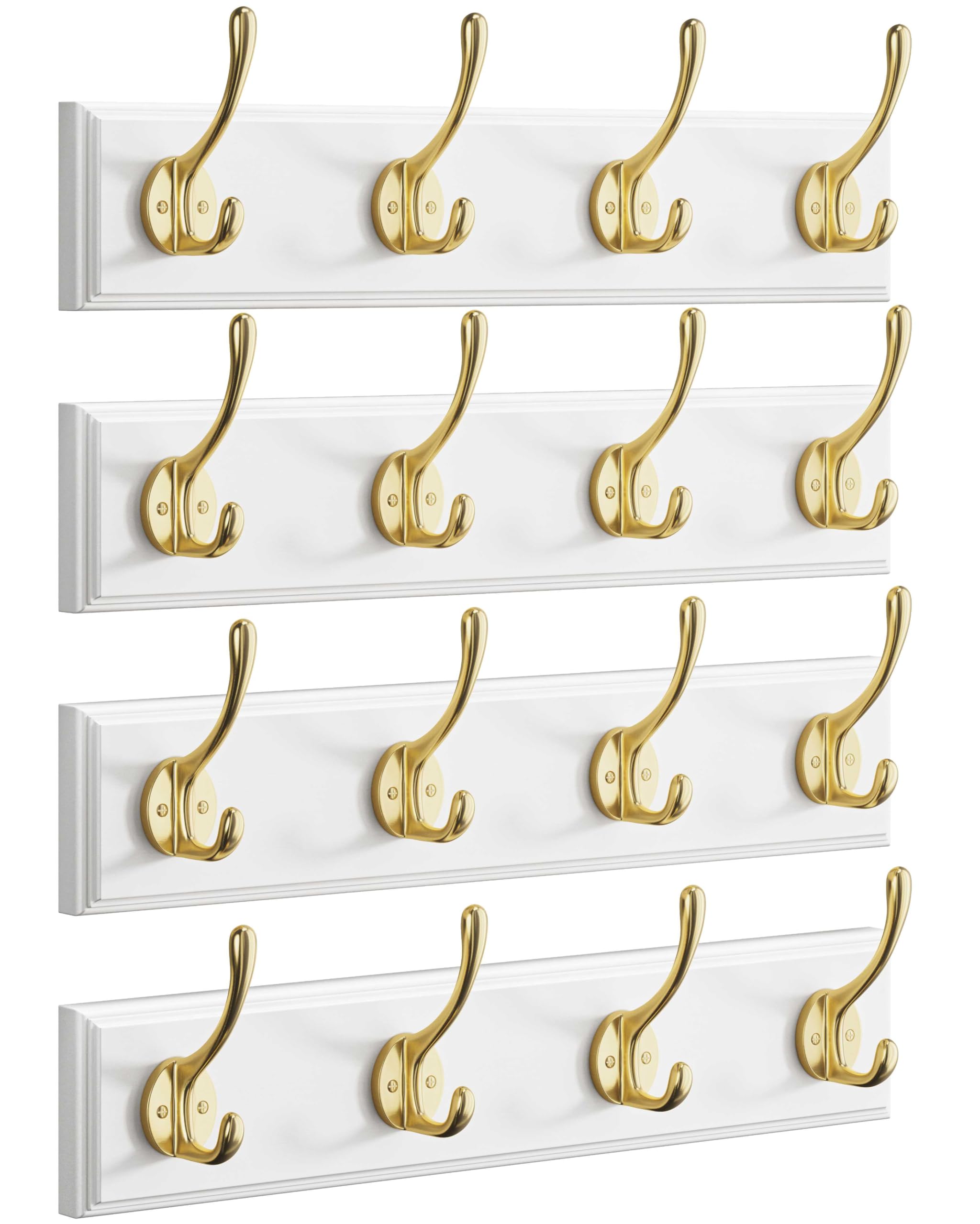Seocry Coat Rack Wall Mount, 4 Pack 16.5 Inches Wall Hook Rack, White Coat Hanger Wall Mount with Gold Hooks for Backpack, Hat, Towel, Key, Door, Entryway(White Gold, 16.5 Inches)