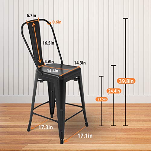 Metal Bar Stool Set of 4 Counter Height Barstool with Back 24 Inches Seat Height Industrial Bar Chairs Patio Stool Stackable Modern Kitchen Stool Indoor Outdoor Metal Bar Stool Kitchen Stools (Black)