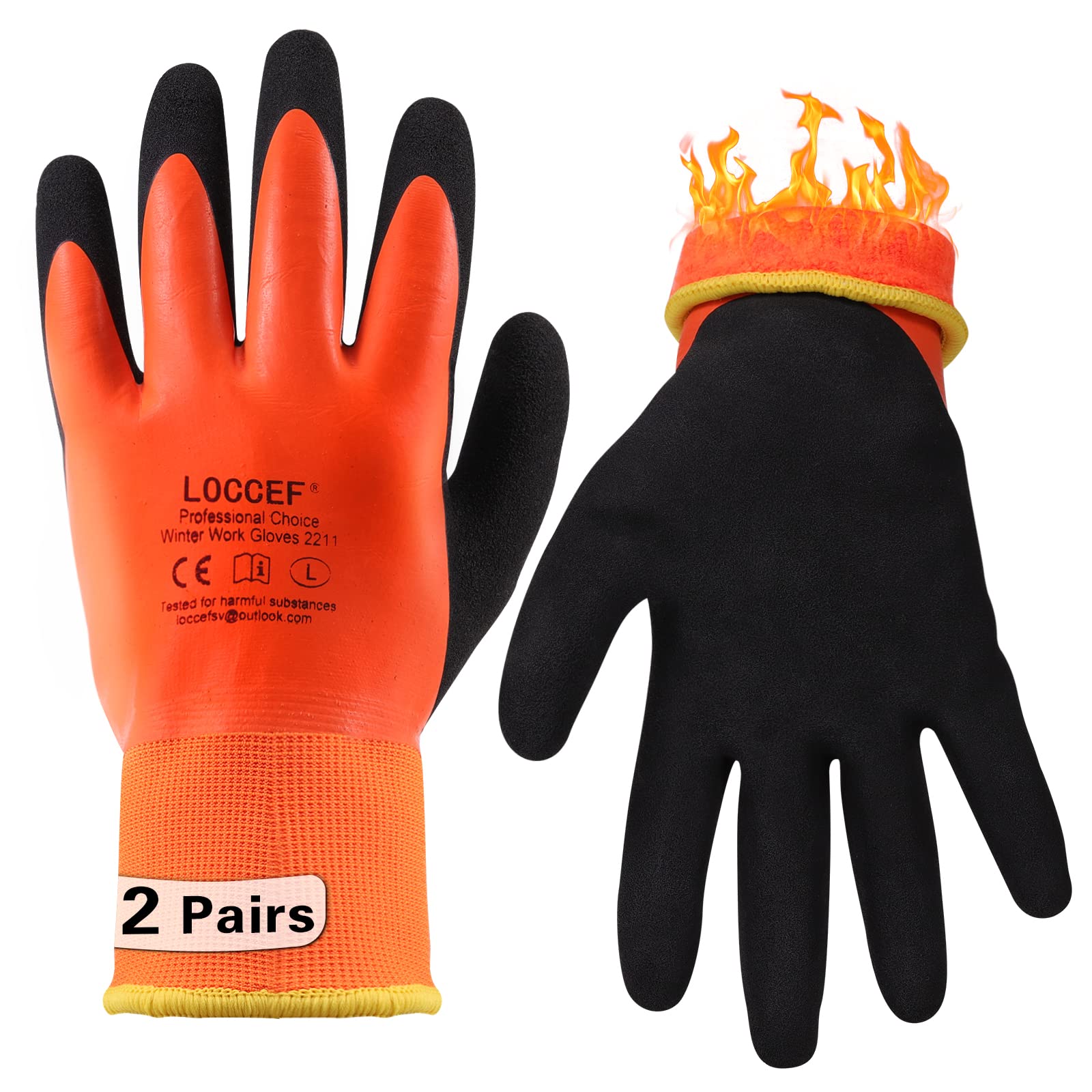 LOCCEF 2 Pairs 100% Waterproof Winter Gloves,Winter Work Gloves Thermal Liner Grip Coating Warm,Thermal Insulated,Super Grip(L)