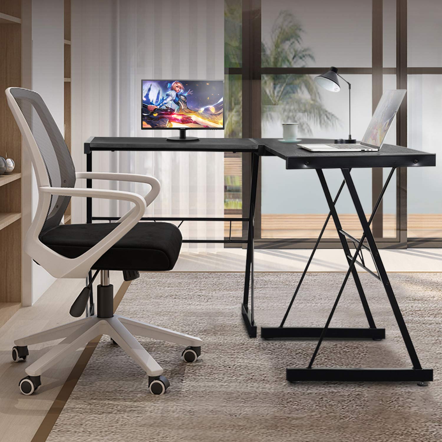 GreenForest L Shaped Corner Desk, Industrial Style Computer Gaming Desk PC Laptop Workstation for Home Office, Black