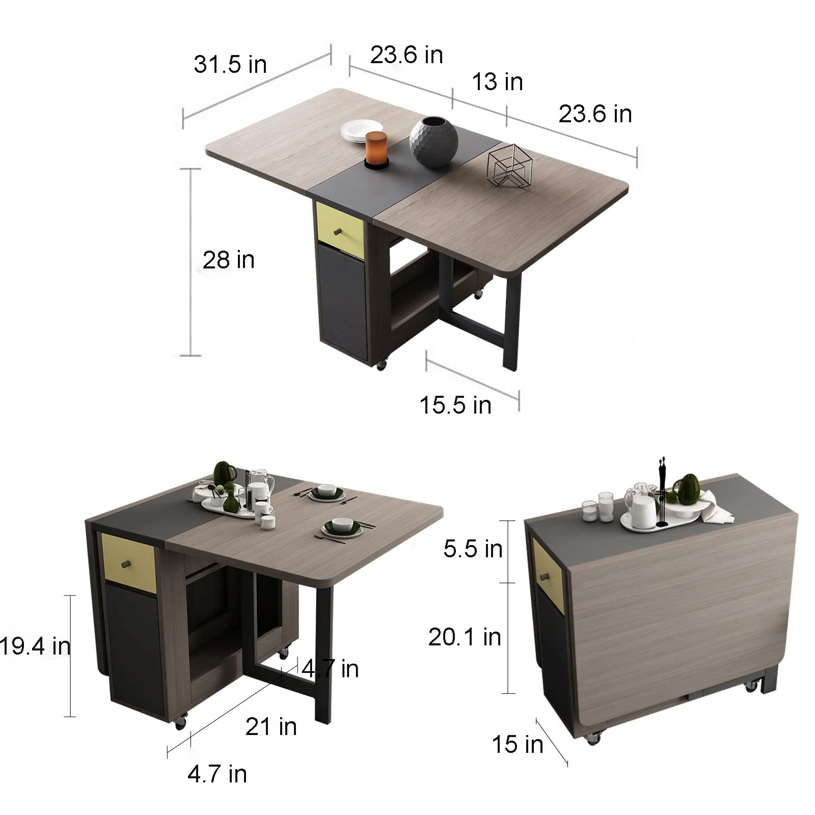 FUNROLUX Folding Dining Table and 2 Pack Folding Chairs Set Grey Extendable Dining Table with Storage Rack and 2 Drawers for Small Spaces