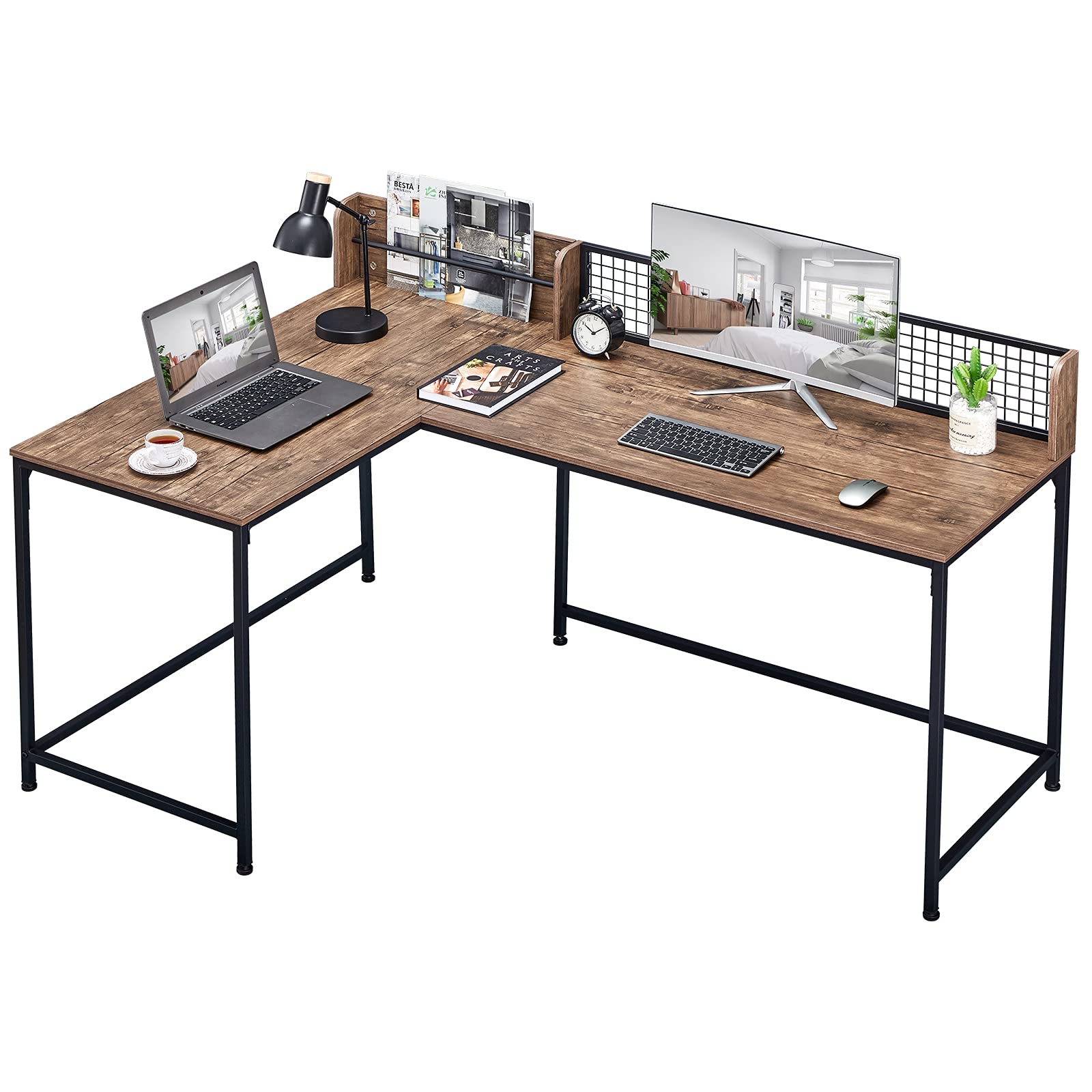 GreenForest L Shaped Desk 65" x 43", Large L Desk with Storage, Corner Computer Desk for Writing, Home Office Study Gaming Modern Desk with Hutch, Walnut