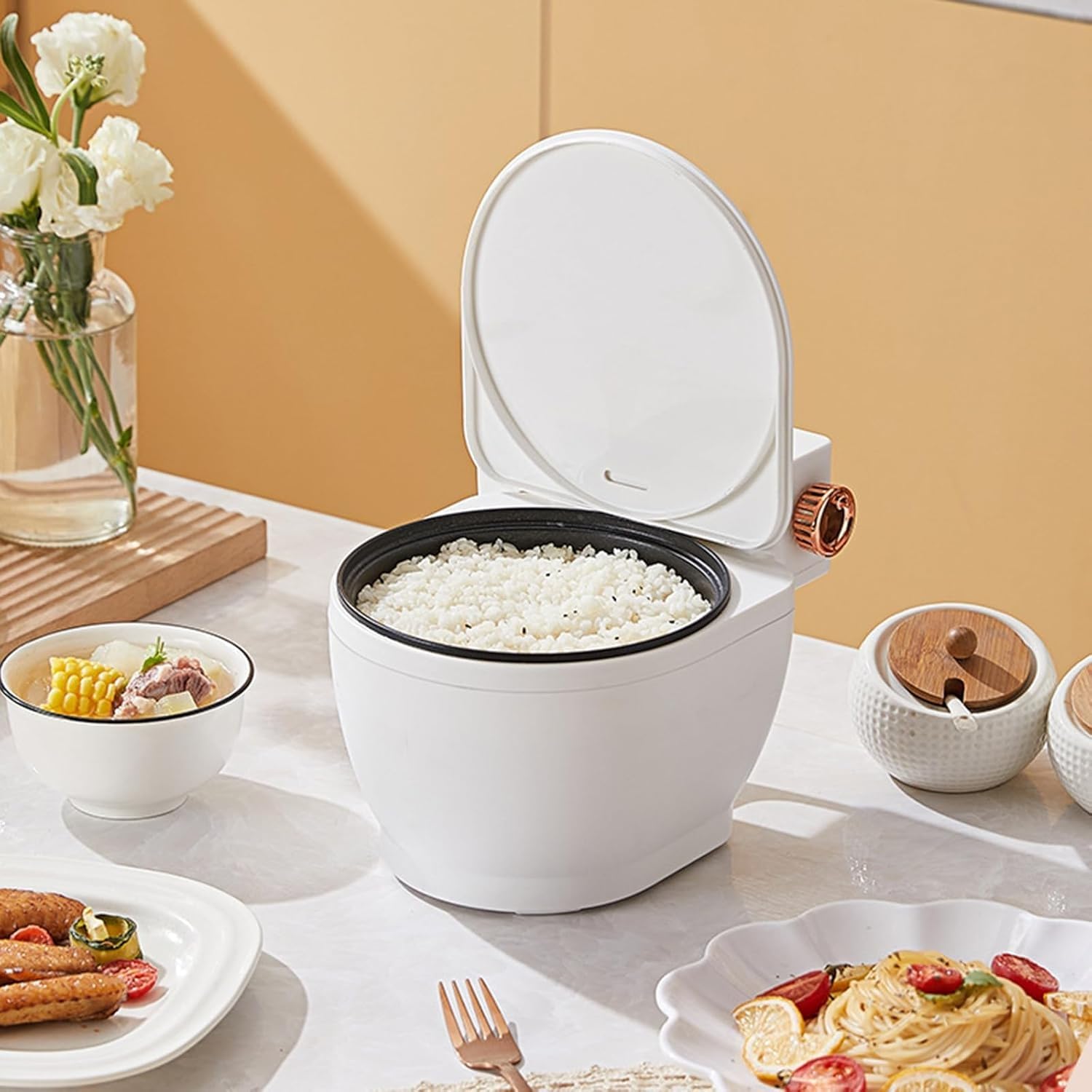 Small Rice Cooker Toilet Shaped Electric Cooker Slow Cooker, Fun Rice Cooker, 2 Quart 6 Cups Cooked Rice (3 Cups Uncooked Rice) Suitable for Pasta, Noodles, Soup Suitable for Dormitory, Office, white