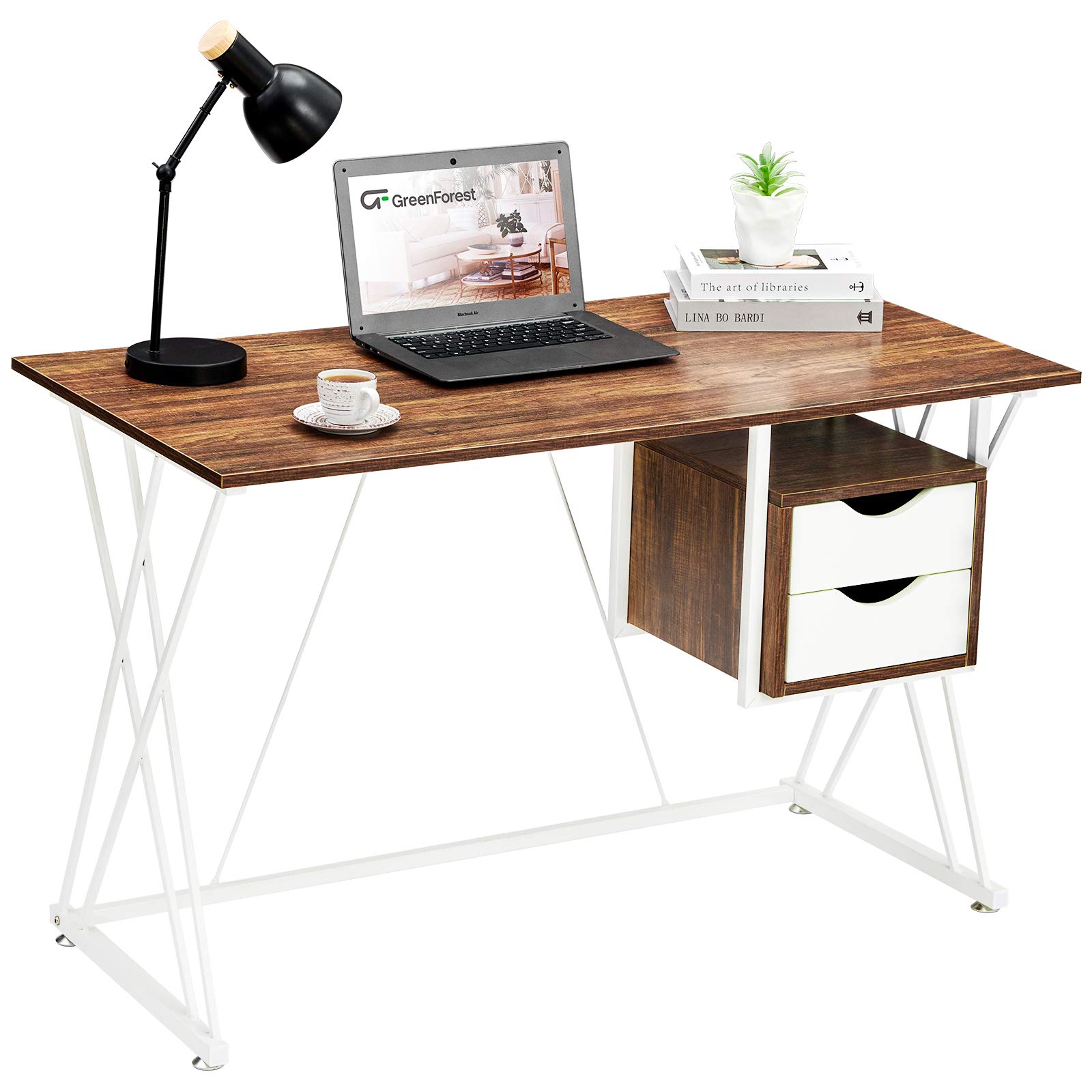 GreenForest Small Computer Office Desk with Drawers 47.2" Home Vanity Table with Double X Legs for Small Space Writing Study Desk Saving Space Pc Workstation Laptop Table, Walnut