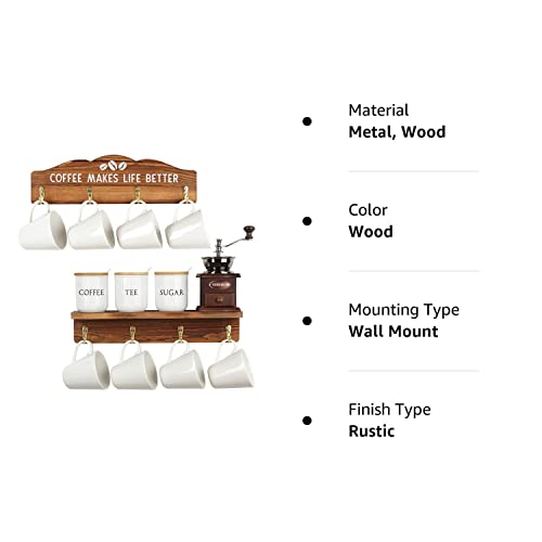 JACKCUBE Design Coffee Mug Rack, Wall Mounted Wooden 12 Coffee Cup Holder Organizer with Coffee Sign for Home Kitchen Cafe Decor - MK737A