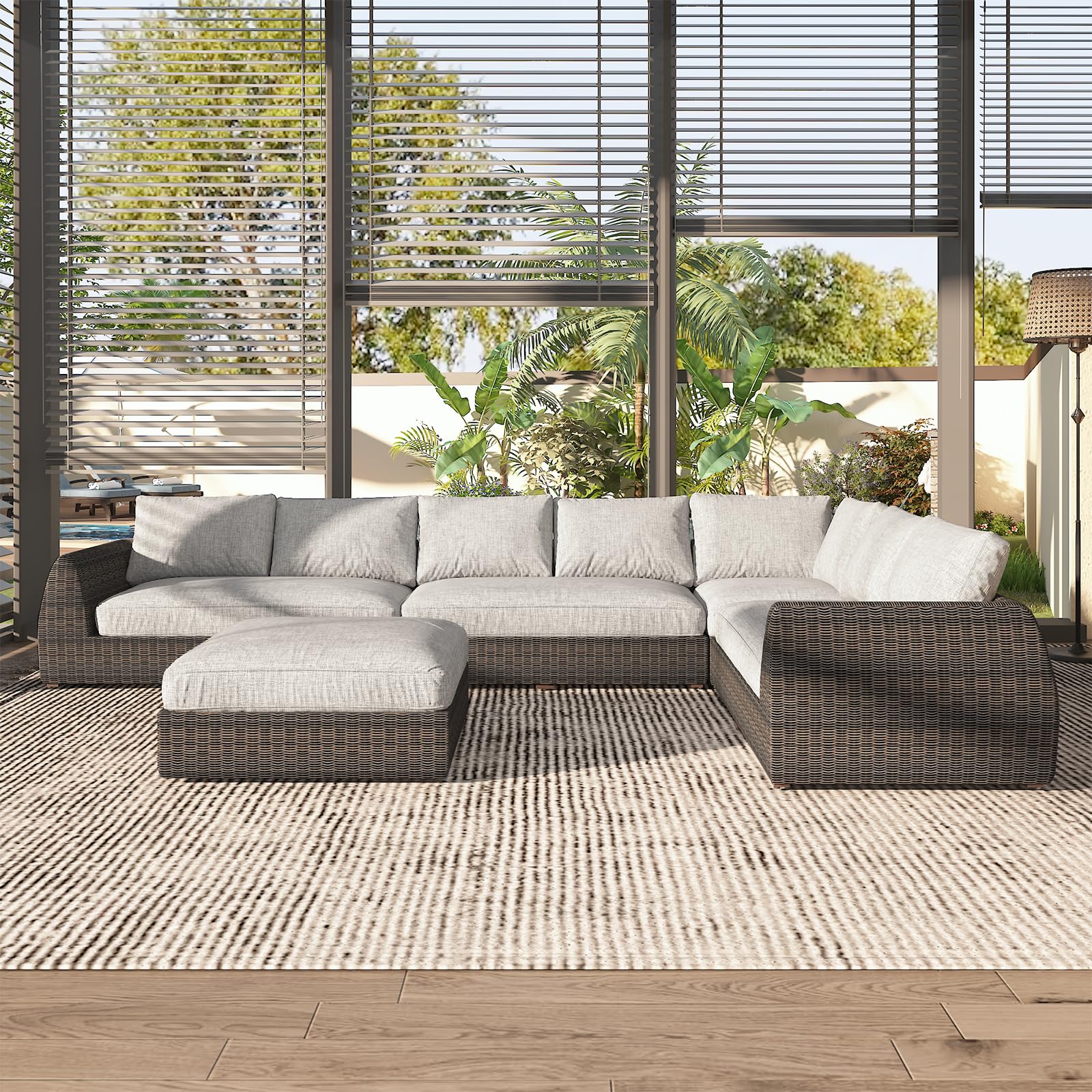 U-MAX 7-Seat Outdoor Patio Deep Seating Lounge Set with Sofa, L-Shape Backyard Patio Furniture Set, Brown Rattan Conversation Sets,Light Grey