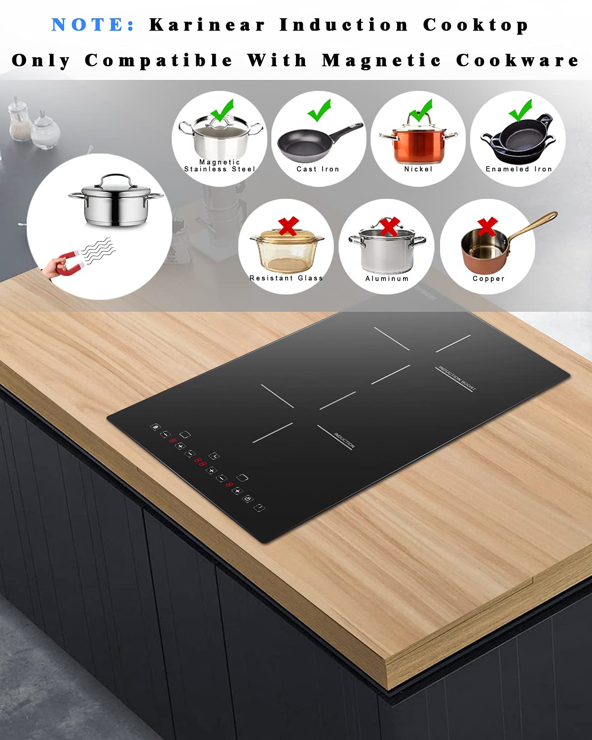 Karinear 12 Inch Induction Cooktop 2 Burner Drop In Electric Cooktop, Induction Stove Top Ceramic Glass with Booster, Child Lock, Timer, Pause function, 220-240V, 3500W, Hard Wire(No Plug)