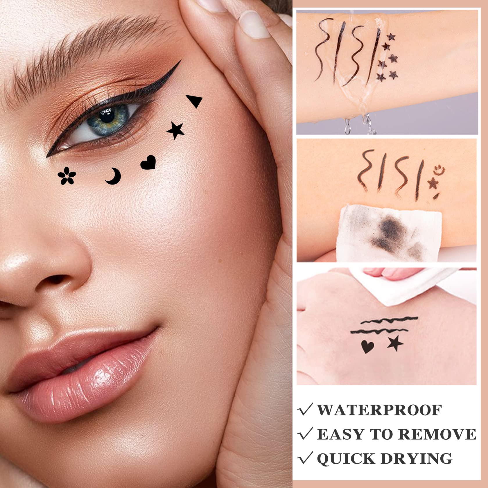 NVLEPTAP 6 Pcs Double-headed Eyeliner Stamps Set Black Liquid Eye Liner Pen With Star,Moon,Heart,Flower,Smiley,Waterproof Eye Liner for Women Create Long Lasting Eye Makeup