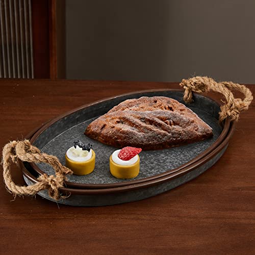 Oval Metal Iron Tray Galvanized Metal Tray with Rope Handle Farmhouse Candle Holder Tray Industrial Style Serving Tray Decor Photography Props