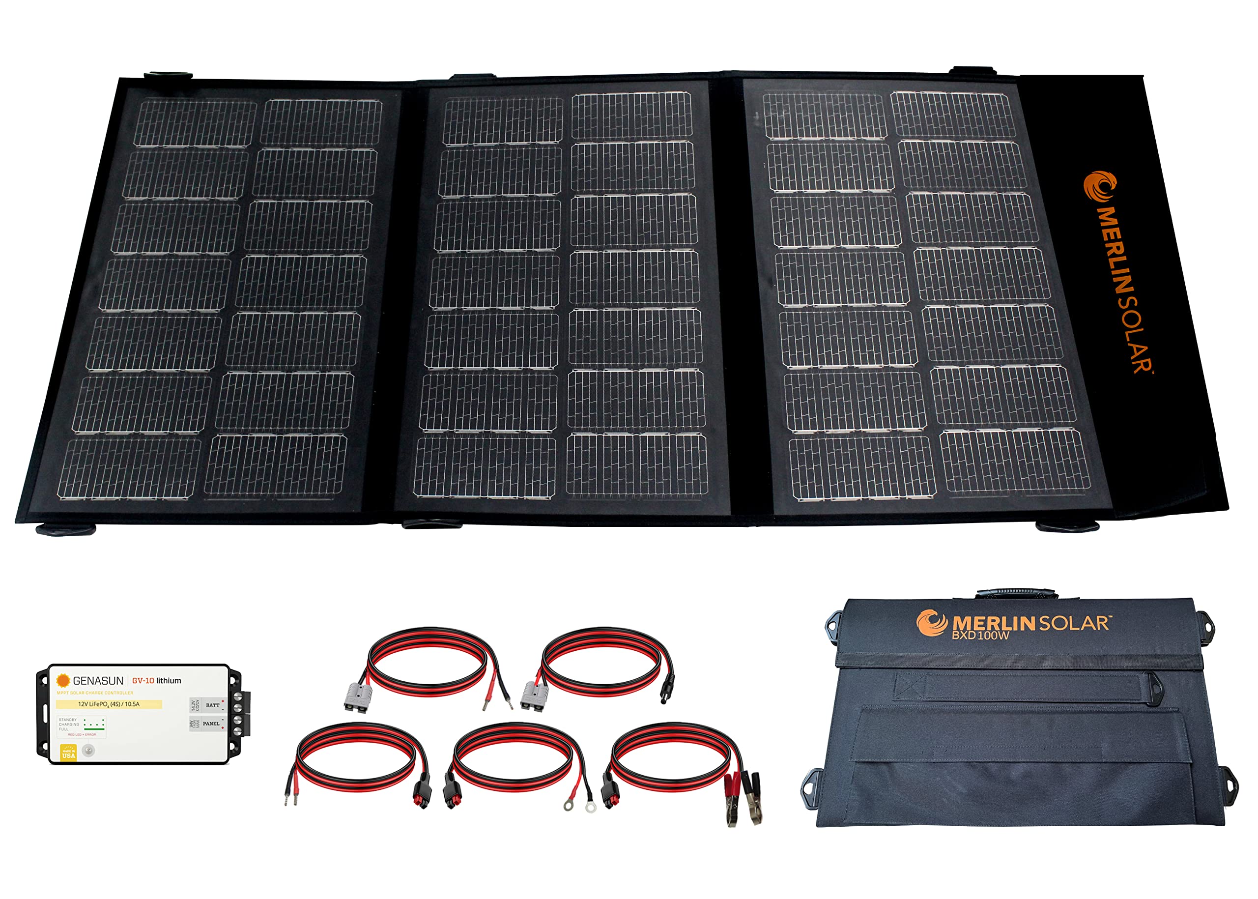 Genasun-Merlin Portable Solar Kit, 100W Foldable Merlin Panel and Genasun MPPT Solar Charge Controller GV-10 to Charge 4S LiFePo4 Batteries or Power Stations. Ideal for RVs, Camping, Marine, Off-Grid.
