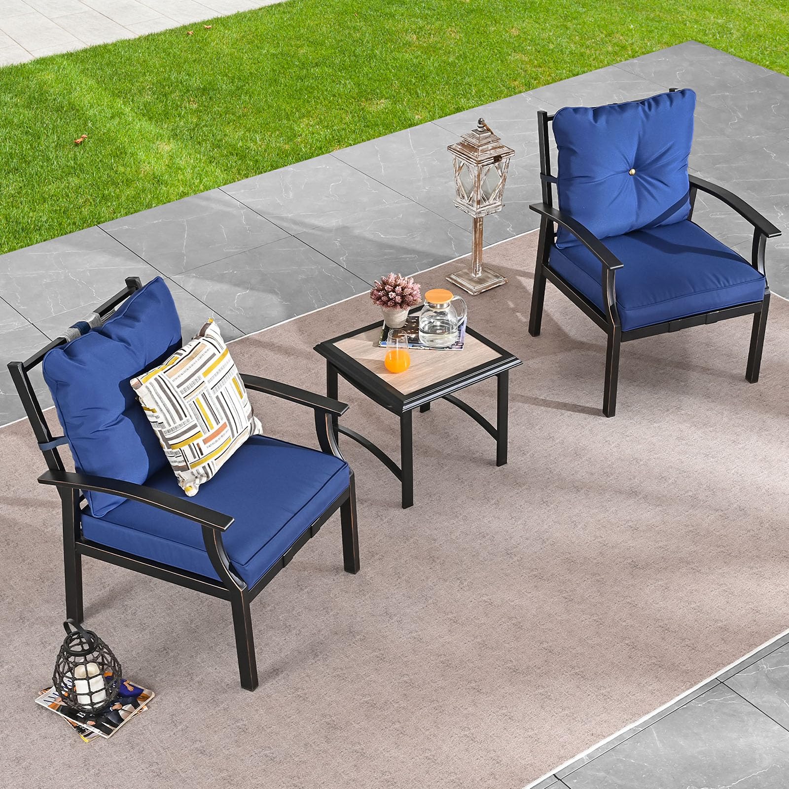 PatioFestival 3 Pieces Patio Bistro Set Outdoor Furniture Set with Coffee Table Patio Single Chairs with Cushion,for Poolside, Garden, Balcony(Bule)