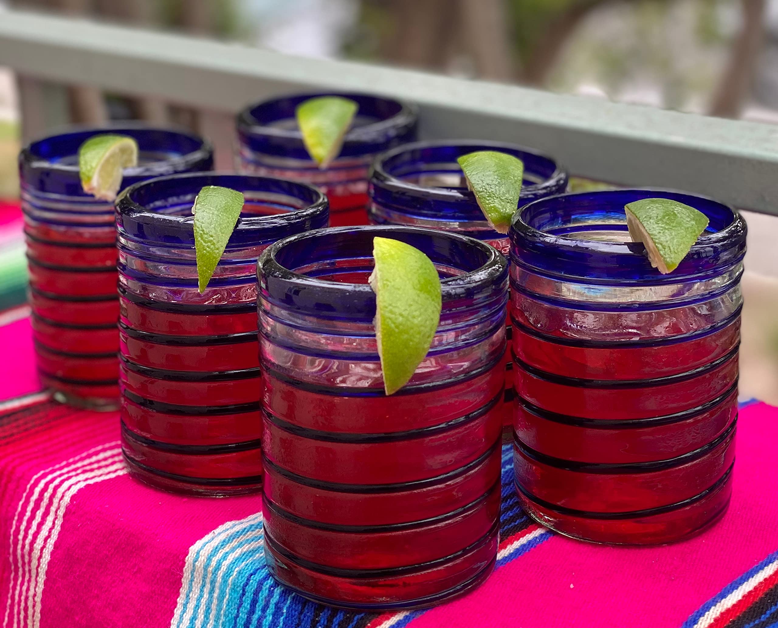 Hand Blown Mexican Drinking Glasses – Set of 6 Tumbler Glasses with Blue Spiral Design (10 oz each) …