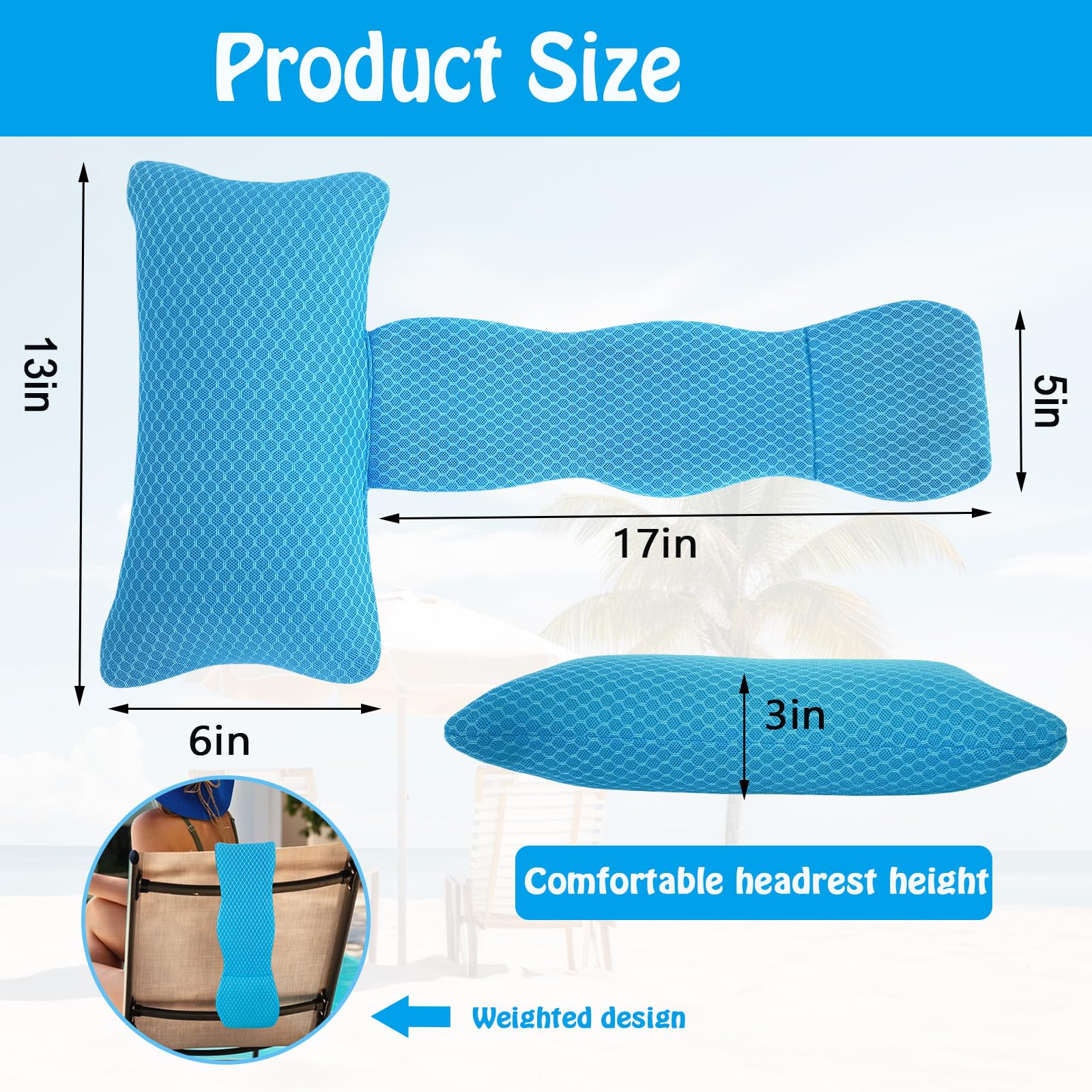 REEZEIVI Headrest Pillow for Patio Chaise Lounge,Chaise Lounge Pillows Outdoor 3D air mesh with Elastic BandNon-Slip Weighted Tail,Quick Drying and Washable Spa Pillow