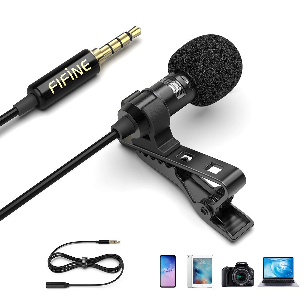 Fifine Lavalier Lapel Microphone, 3.5mm Clip On Mic for YouTube Video Recording Vlog, External Mic for iPhone iPad Android Cell Phone DSLR PC Laptop Mac Computer, Noise Reduction-C1
