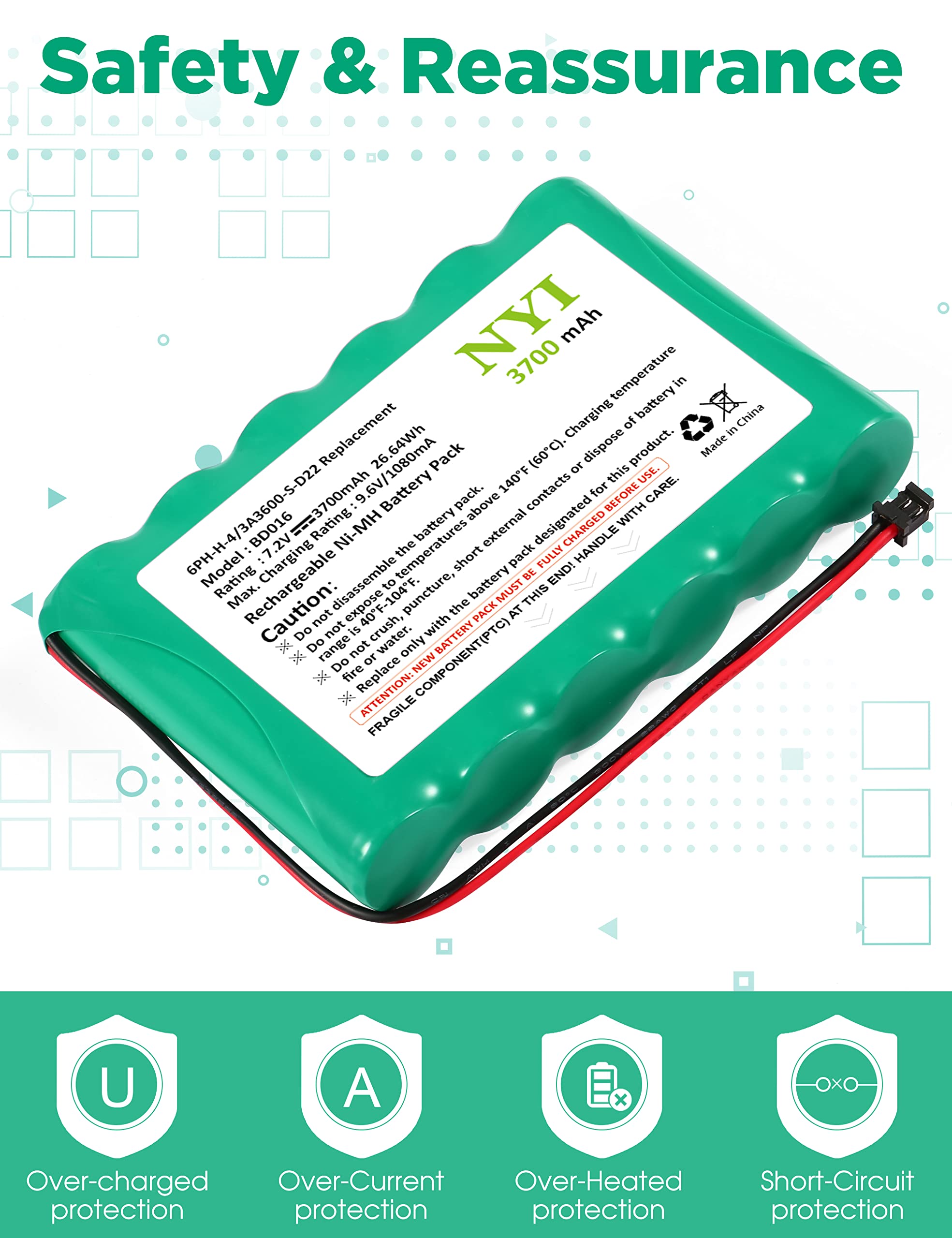 NYI Upgraded 3700mAh Battery Compatible with DSC IMPASSA 9057 2-Way Wireless Security System Alarm Panel, 6PH-H-4/3A3600-S-D22 Replacement, 7.2V Rechargeable Ni-MH Battery Pack for ADT Control Panel