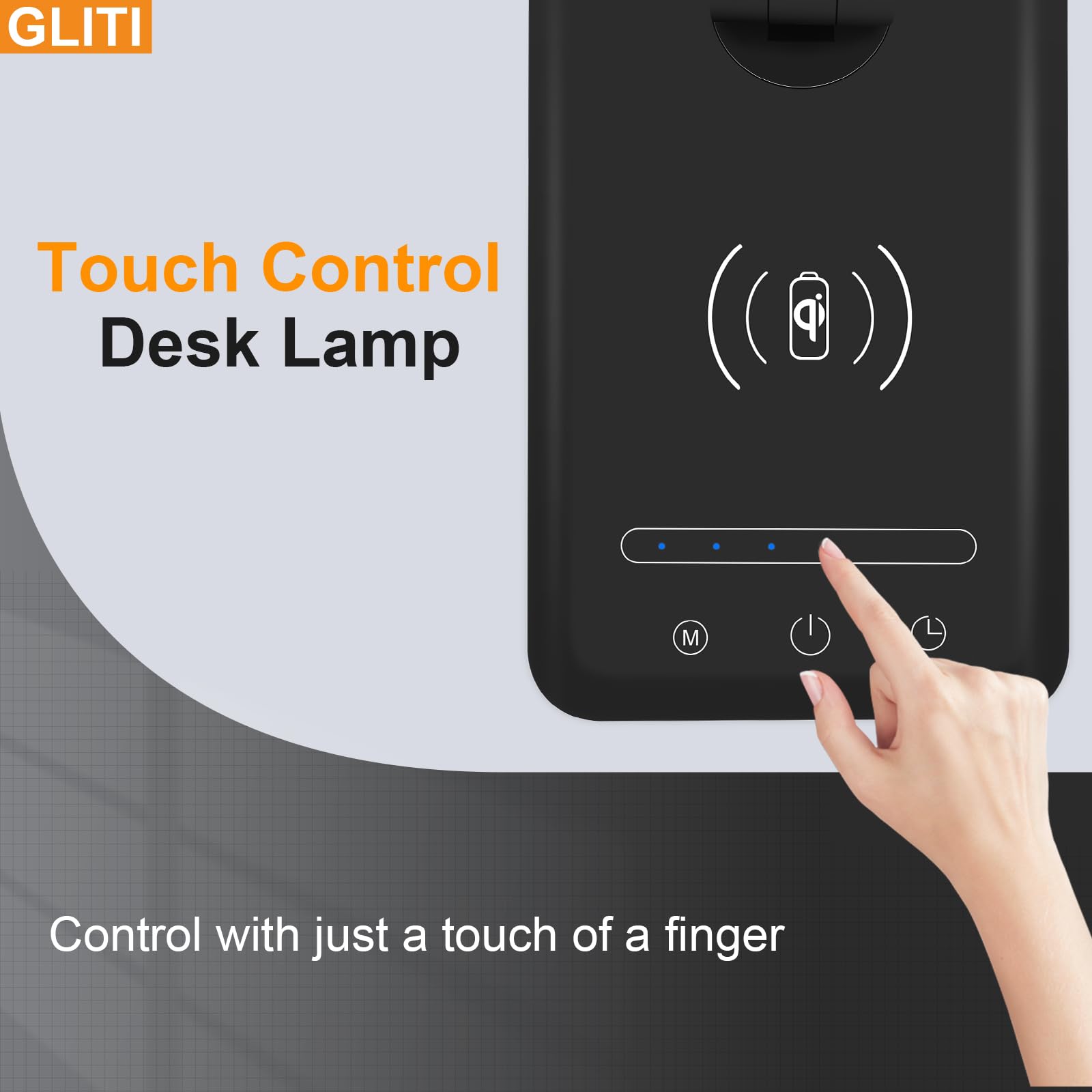 GLITI LED Desk Lamp with Wireless Charging,Dimmable Desk Light, 5 Light Colors, 6 Brightness Levels, Touch Control Table Lamp with USB Rechargeable, Auto Timer, for College Dorm, Home, Office