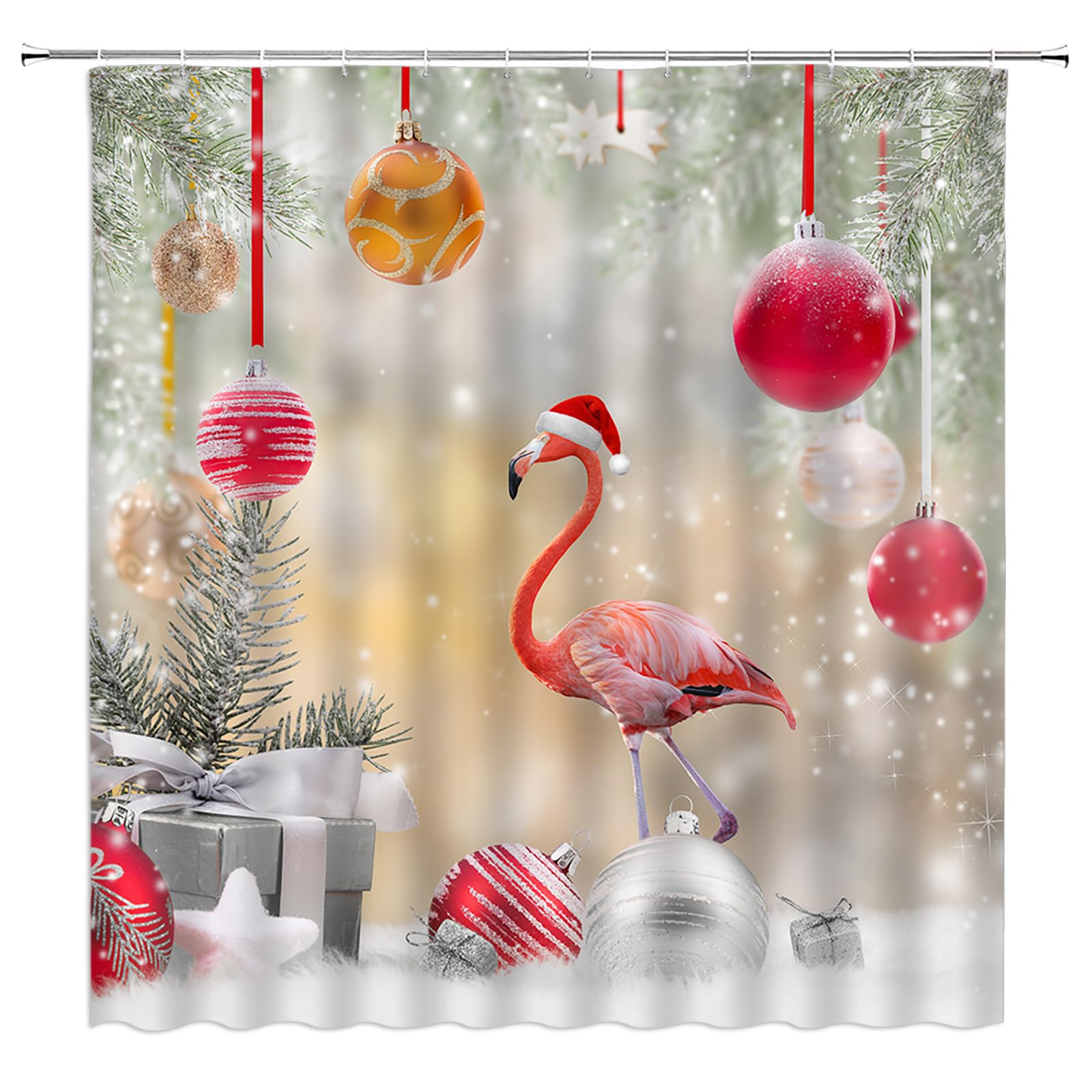 EVRCVAR Christmas Flamingo Shower Curtain Red Christmas Balls Winter Xmas Snowflake Tropical Bird Holiday Bathroom Curtain Fabric with Hooks(70" WX70 H)