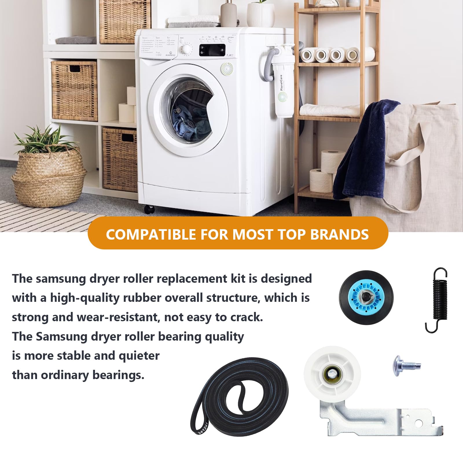 Dryer Roller Repair Kit by Gattaidar with Idler Pulley DC93-00634A, Drum Roller DC97-16782A, Dryer Belt 6602-001655, Compatible with Samsung Replace PS4221885 DV48H7400EW/A2