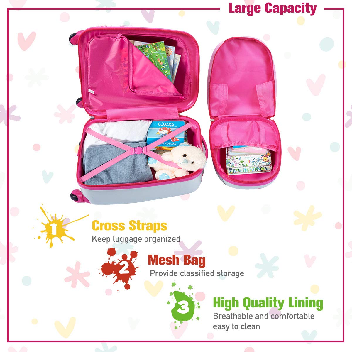 HONEY JOY Kids Luggage, 12β Travel Backpack & 16β Hard Shell Toddler Suitcase, Children Rolling Luggage with Wheels, Retractable Handle & 4 Casters, 2Pcs Carry On Luggage Set for Boys Girls (Owl)