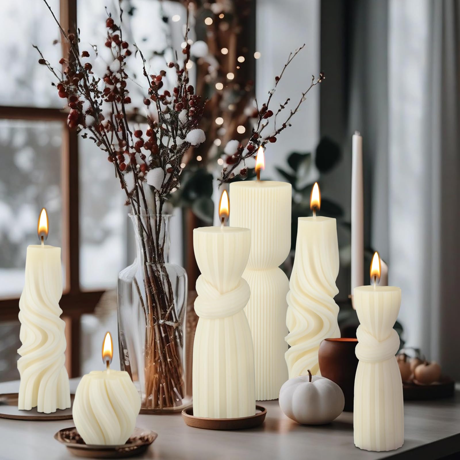 Threlaco 6 Pcs Small Pillar Candles Aesthetic Candle Modern Ribbed Candles Set Cute Soy Wax Scented Ribbed Candle Twirl Geometric Decorative Candles for Home Decor for Living Room Bathroom(White)