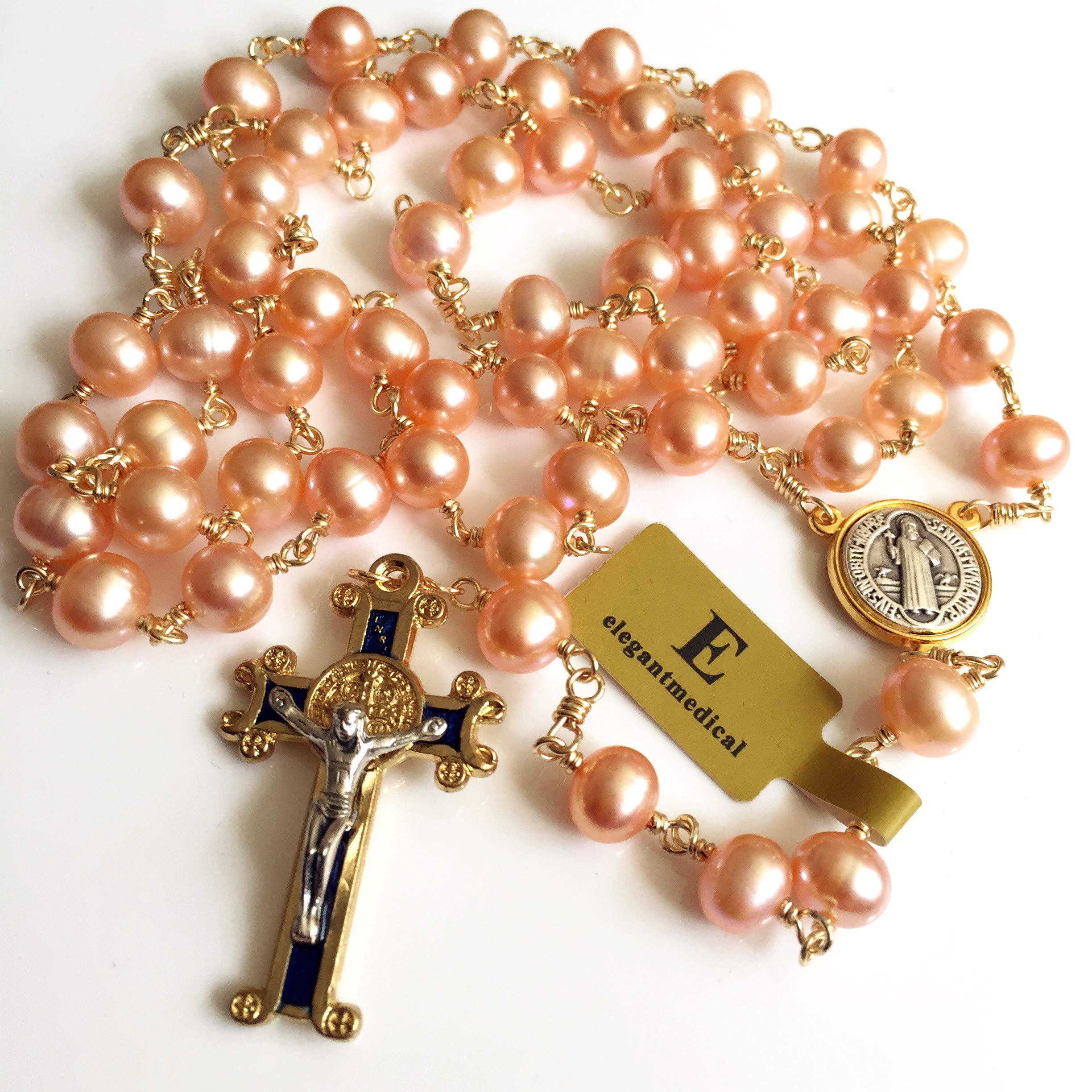 elegantmedical Pink 8mm Real Pearl BEADS St. Benedict GOLD ROSARY CROSS Necklace & box Catholic GIFTS