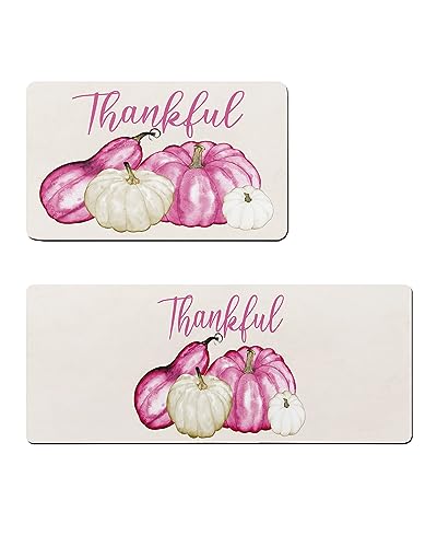 Thanksgiving Fall Bath Mat for Tub,Non Slip Bathroom Floor Runner Rug Quick Dry & Absorbent Diatomaceous Earth Shower Sink Kitchen Washable Doormat,Thanksful Harvest Pumpkin Pink White 20x24+20x48