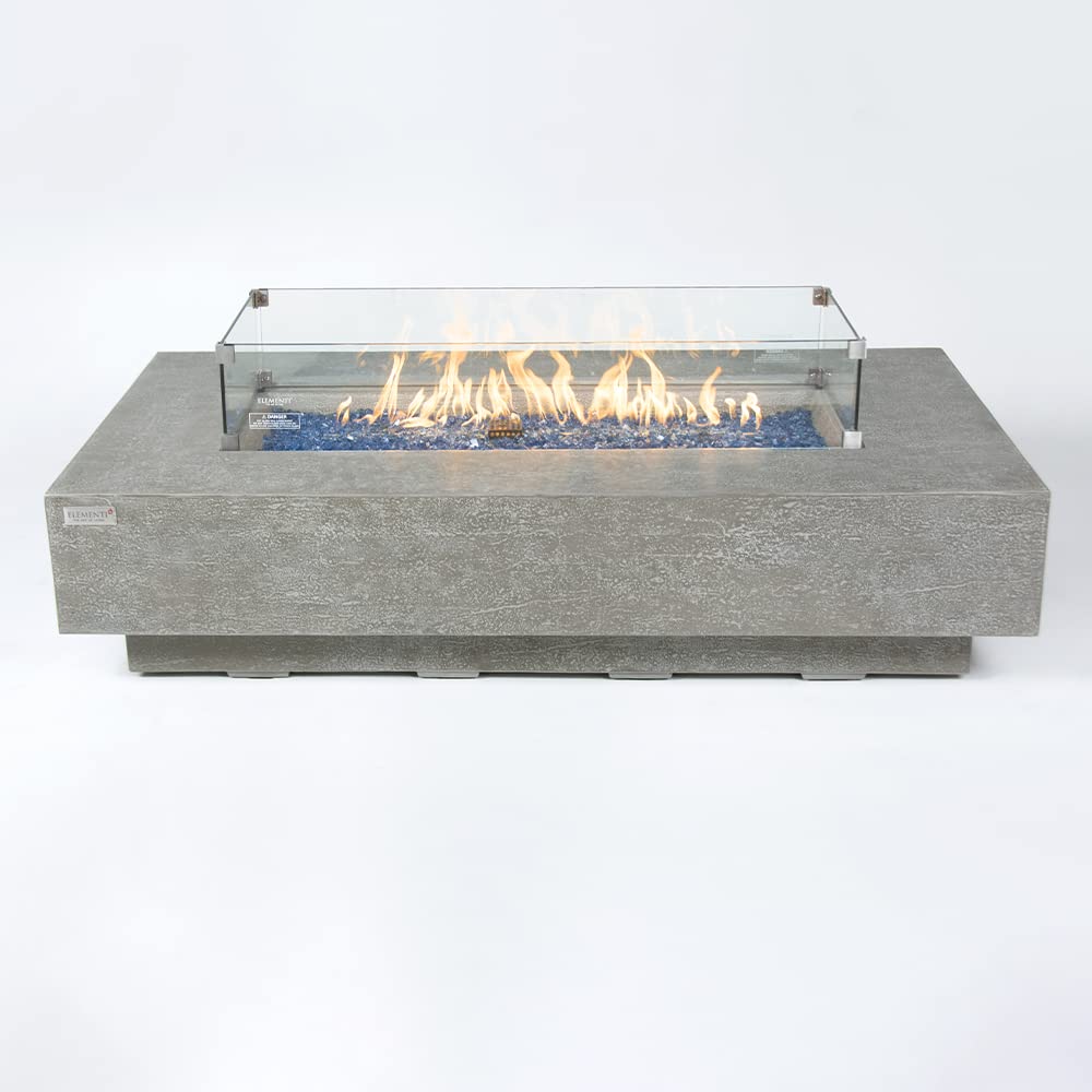 Elementi Plus Riviera Outdoor Table 60 Inches Fire Pit Patio Heater Concrete Firepits Outside Electronic Ignition Backyard Fireplace Cover Fire Glass Included Natural Gas