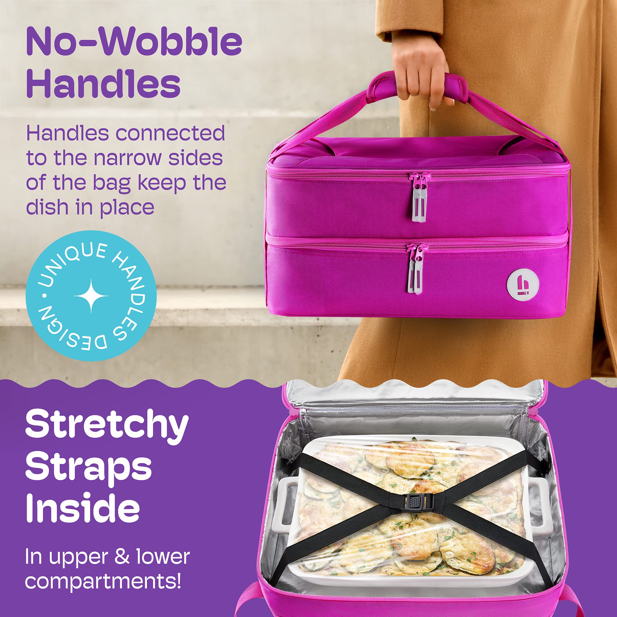 HANDLE IT Casserole Carriers for Hot or Cold Food – Expandable & Insulated Food Carrier with Anti-Wobble Handles & External Pockets – Casserole Carrying Cases, 16.1 x 11.8 x 7.9 In., Blue