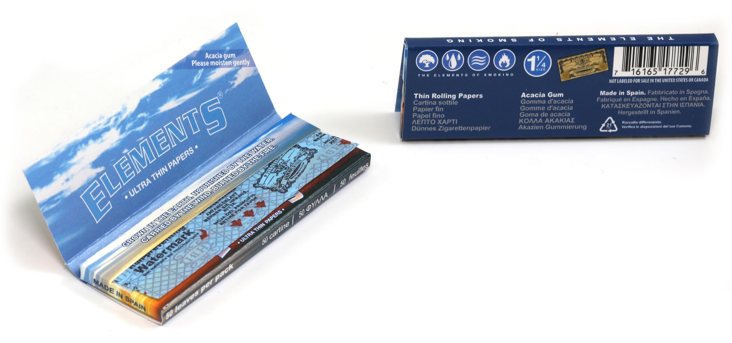 Elements 1.25 1 1/4 size Ultra Thin Rice Rolling Paper full box of 25