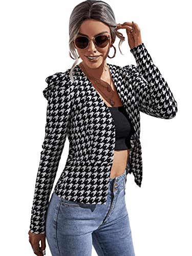 SweatyRocks Women's Casual Houndstooth Blazer Long Puff Sleeve Open Front Jacket Black White M