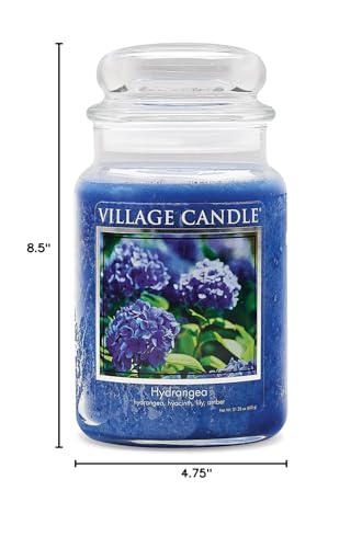 Village Candle Hydrangea Large Glass Apothecary Jar Scented Candle, 21.25 oz, Blue