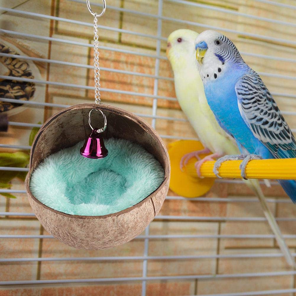 Elprico Bird Nest Natural Coconut Husk Breeding Bed Parrot Nesting Box Cage Hatch House Hut with Mat and Bell for Parakeet Rabbit Bunny Dove Hamster