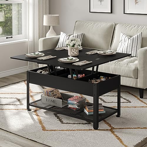Furniouse Coffee Table Lift Top, 3 in 1 Multi-Function Coffee Table with Hidden Compartment, Coffee Table Converts to Dining Table for Living Room, Home Office, Black