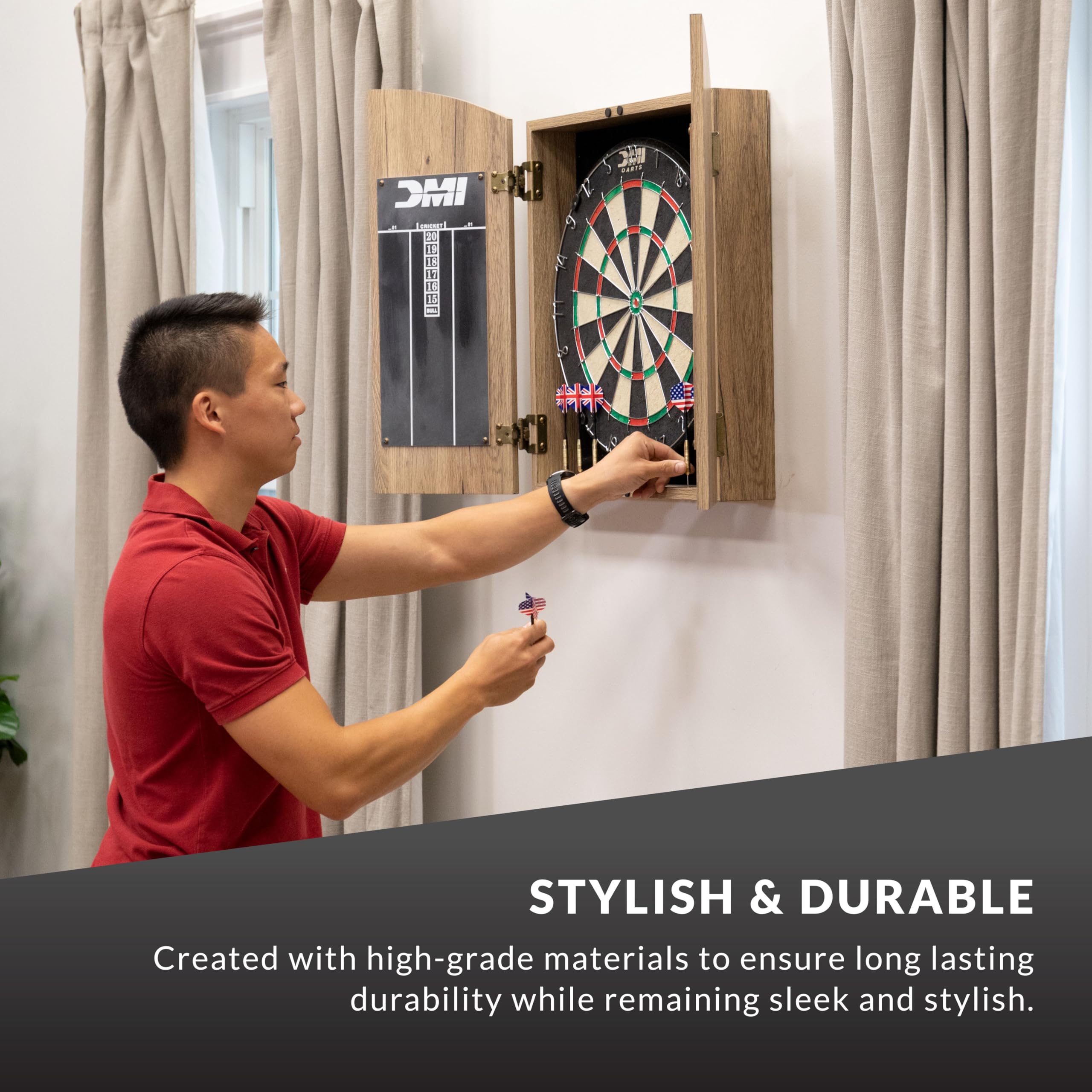 DMI Sports Deluxe Bristle Dartboard Cabinet Set Includes Two Steel Dart Sets with Rustic Rosewood Finish