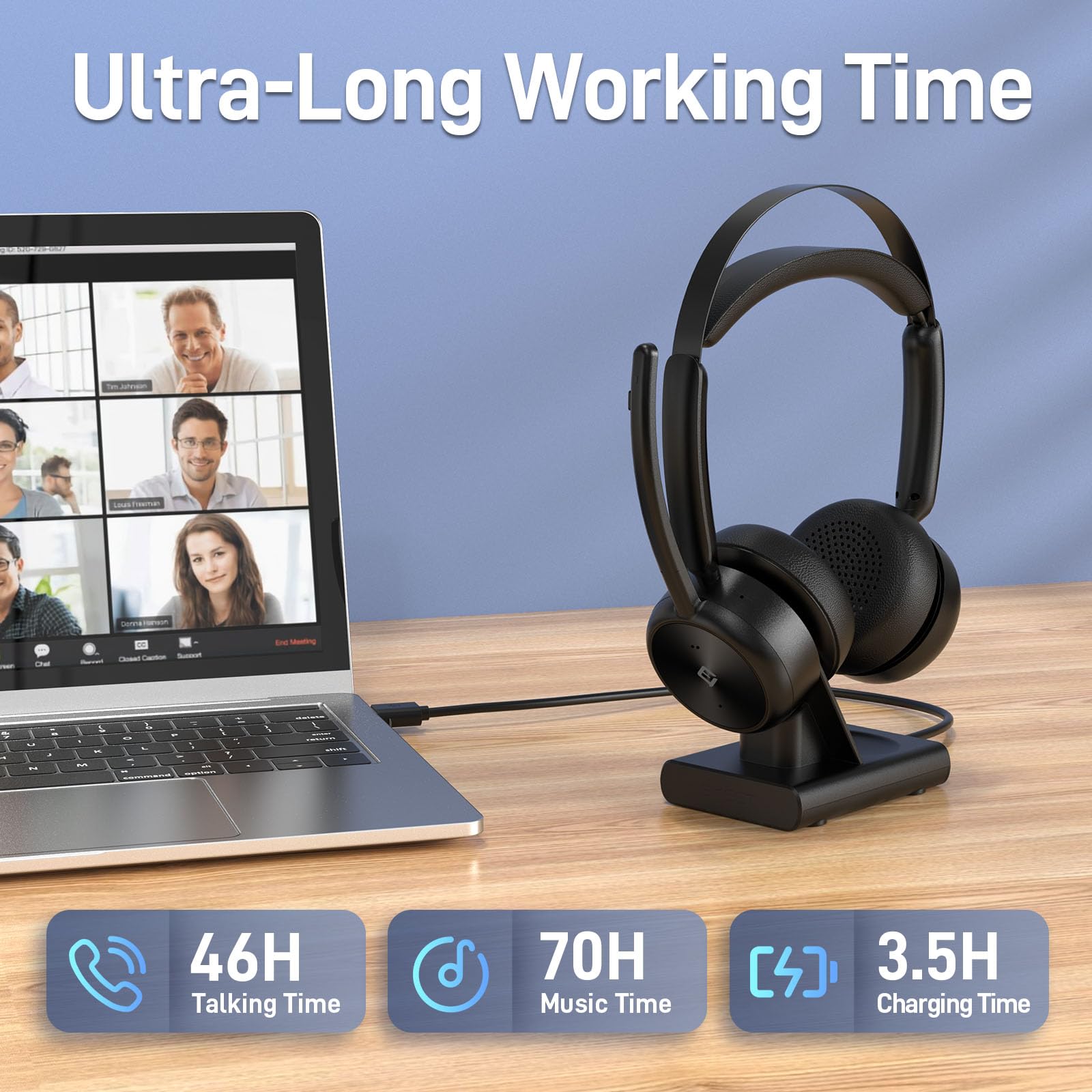 EMEET Wireless Headset, HS80 Bluetooth Headset with Noise Canceling Microphone, 46 hrs Work Time, Charging Base, Mute Button, 2.4G Wireless Dongle/USB, Wireless Headphone for PC/Call Center/Zoom/Skype