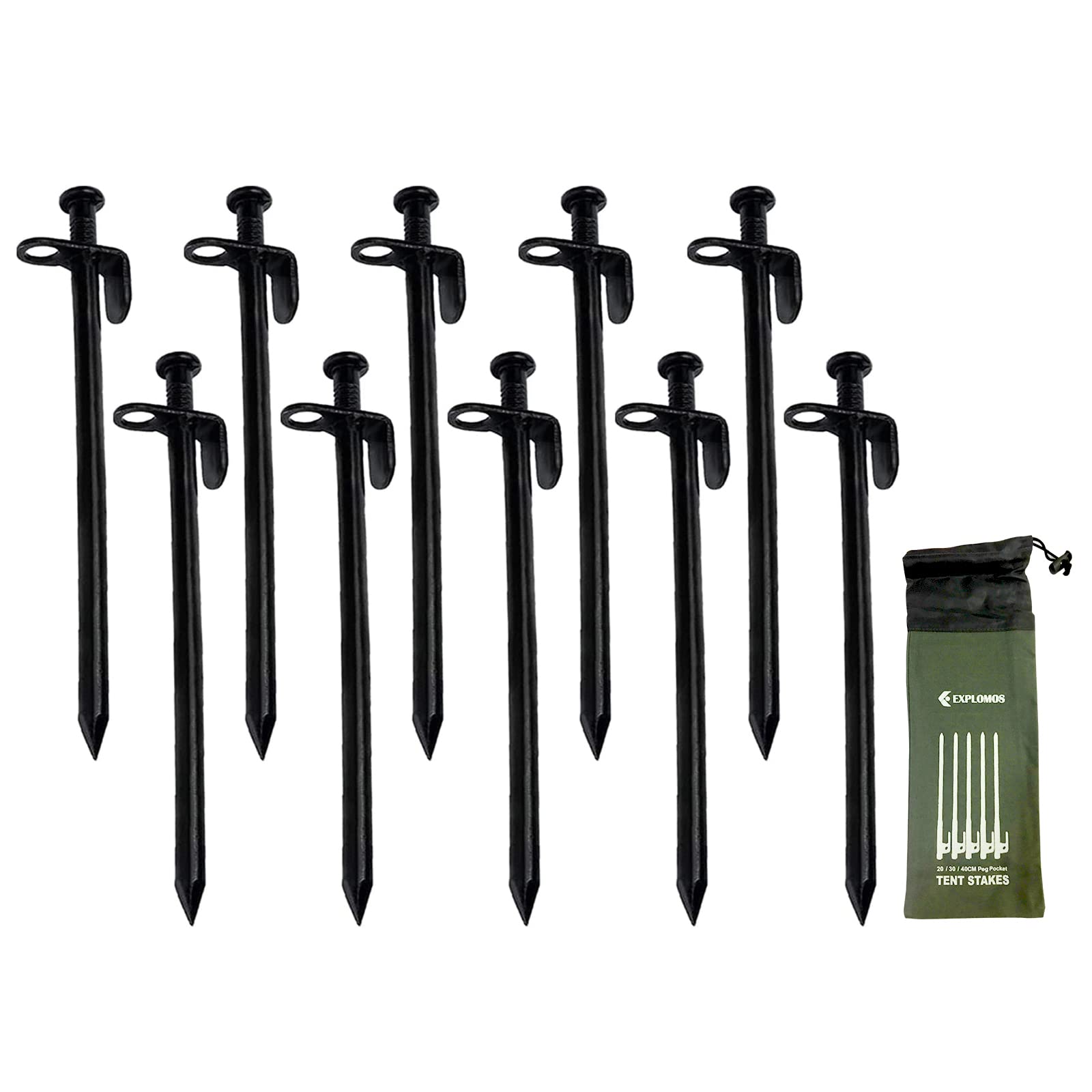 EXPLOMOS Tent Stakes Metal, Camping Tools Heavy Duty Steel Solid Tent Stakes Pegs for Outdoors Mountain-Climbing Camping Hiking with Metal Stopper (10PC Pack)