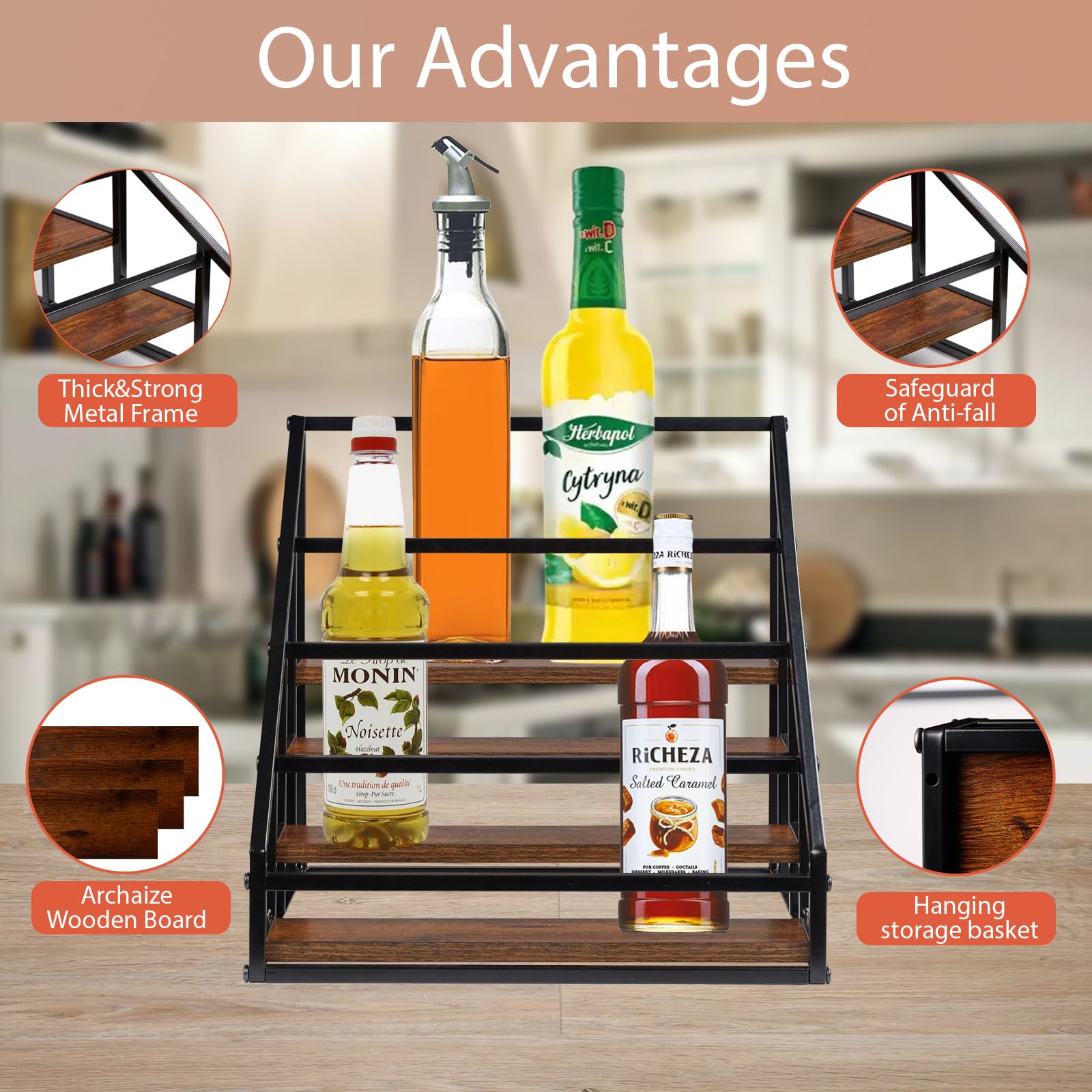 Oarianp Coffee Syrup Rack Organizer, Coffee Bar Syrup Bottle Rack, Wine Rack, Kitchen Countertop Condiment Storage Rack, Rustic Brown,Coffee Bar 4-Tier 16 Bottles Storage Shelves