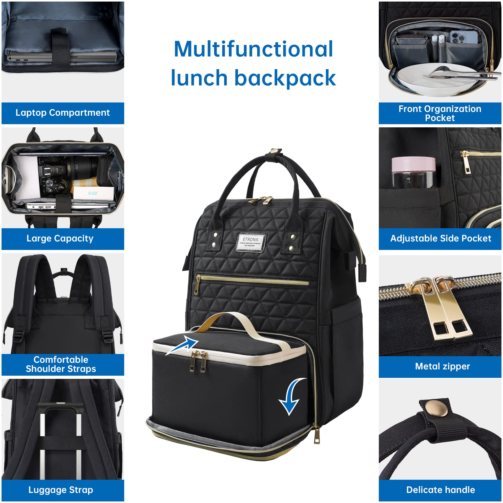 ETRONIK Lunch Backpack for Women, 17.3 Inch Laptop Backpack with USB Port, Stylish Nurse Backpack Teacher Work Bag with Insulated Cooler Lunch Box for Women Men/Travel, Black